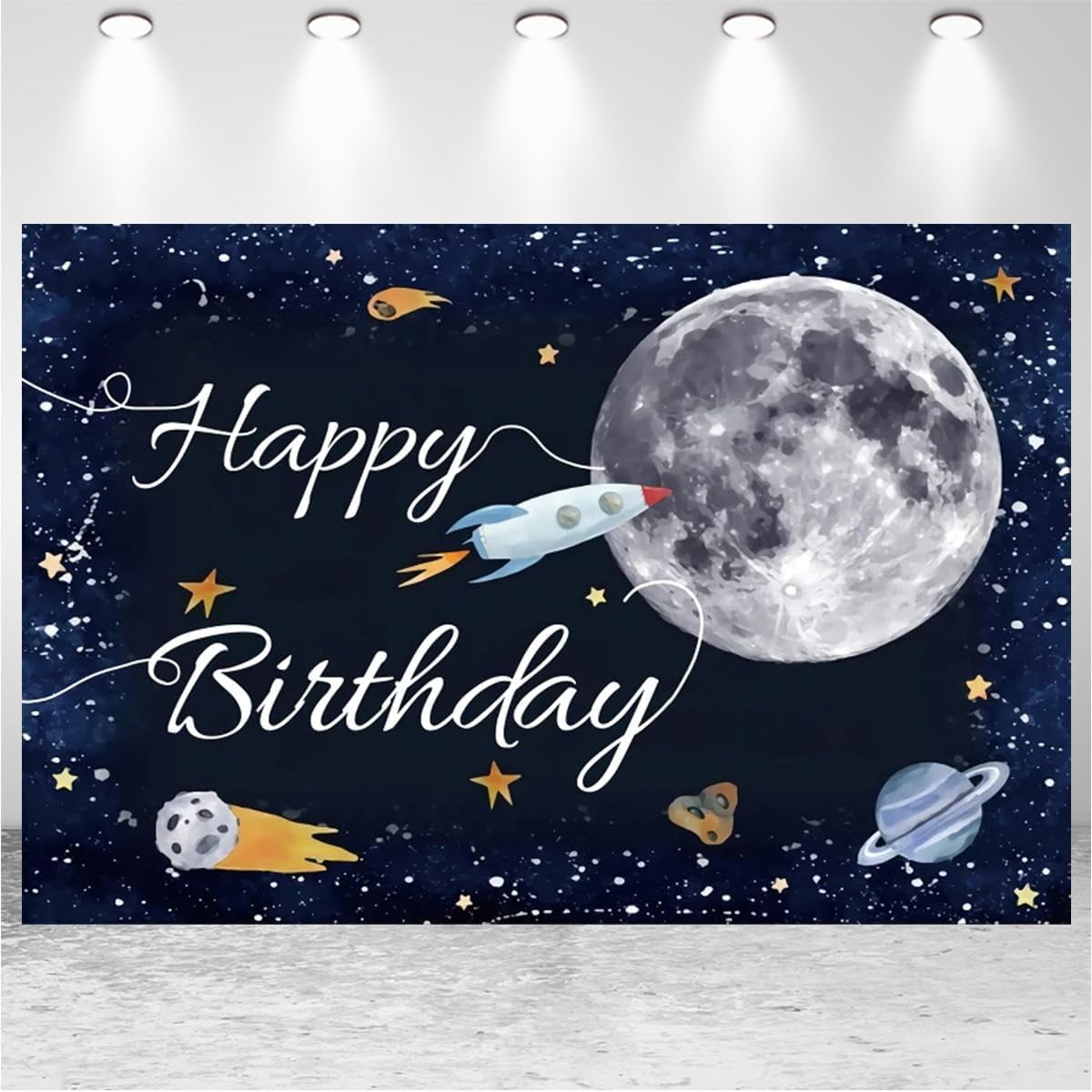Space Happy Birthday Decorations Background Astronaut Rocket Backdrop ...