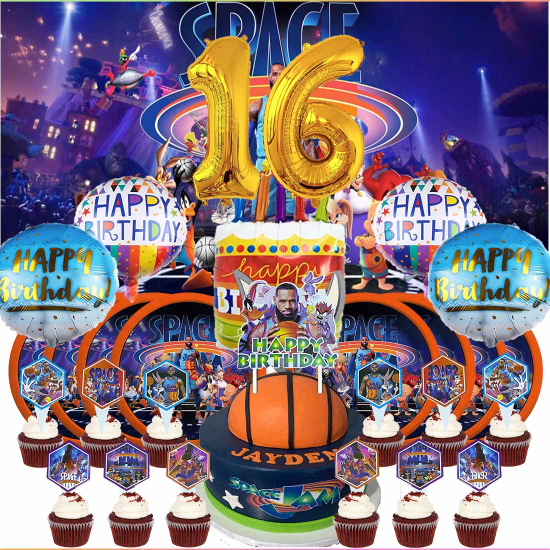 Space Jam 16th Tableware Balloons Cake Toppers Backdrop Banner Supplies ...