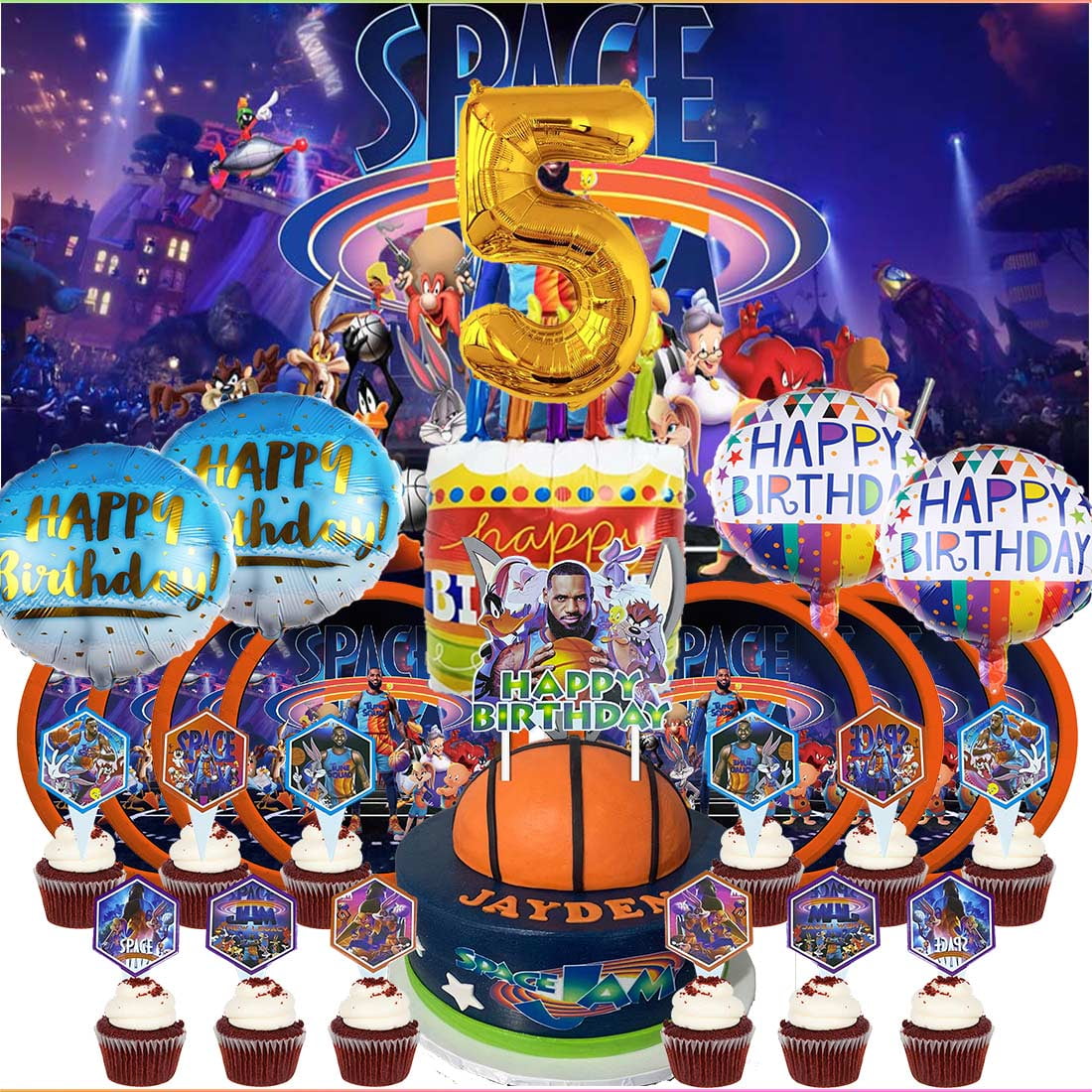Space Jam 5th Tableware Balloons Cake Toppers Backdrop Banner Supplies ...
