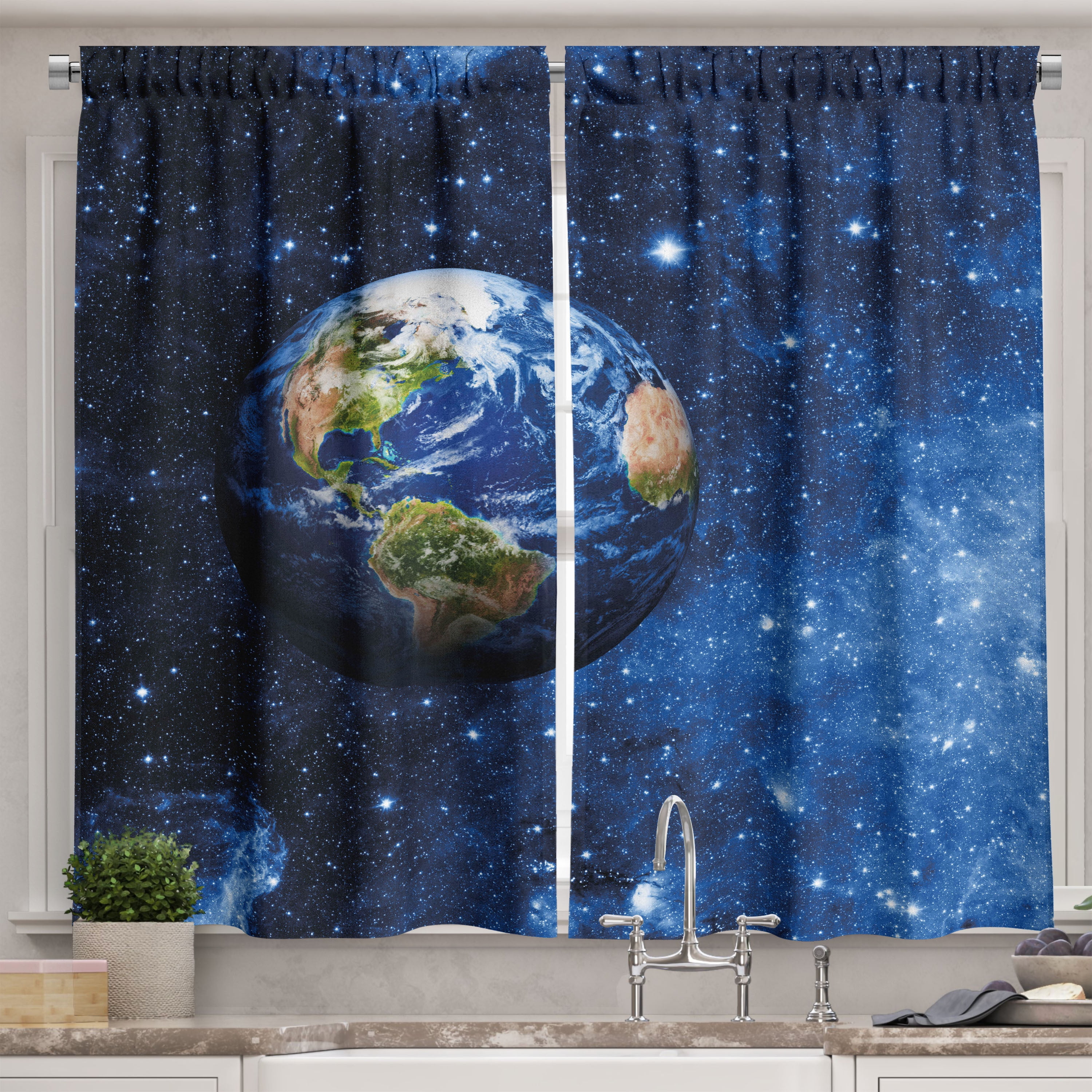 Space Kitchen Curtains, Outer View of Planet Earth in Solar System with ...