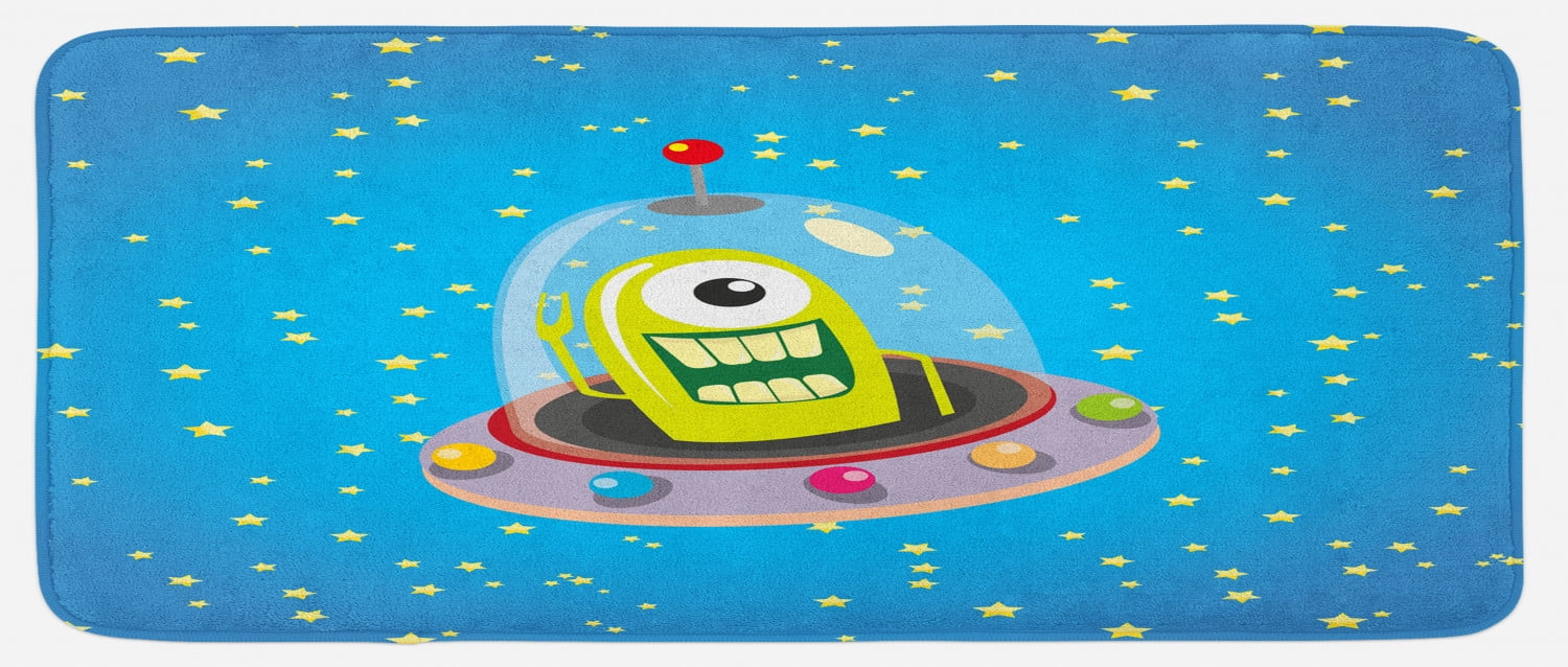 Space Kitchen Mat, Comic Ufo Alien in Outer Space with Stars Galaxy ...