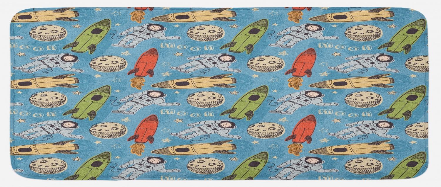Space Kitchen Mat, Hand Drawn Astronauts with Rockets and Moon People ...