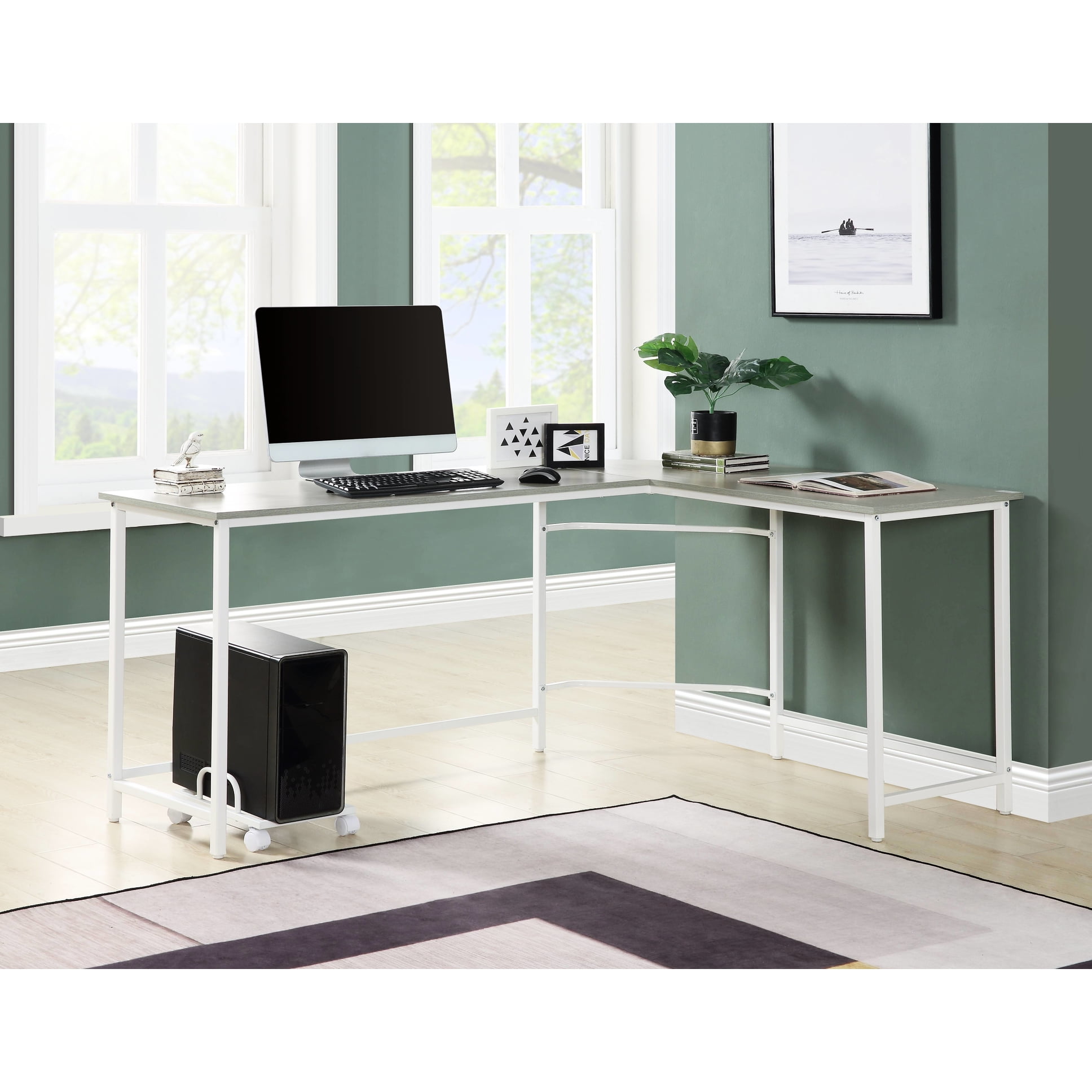 Space L-shape Writing Desk In Gray & White With Bevel Edge Computer ...