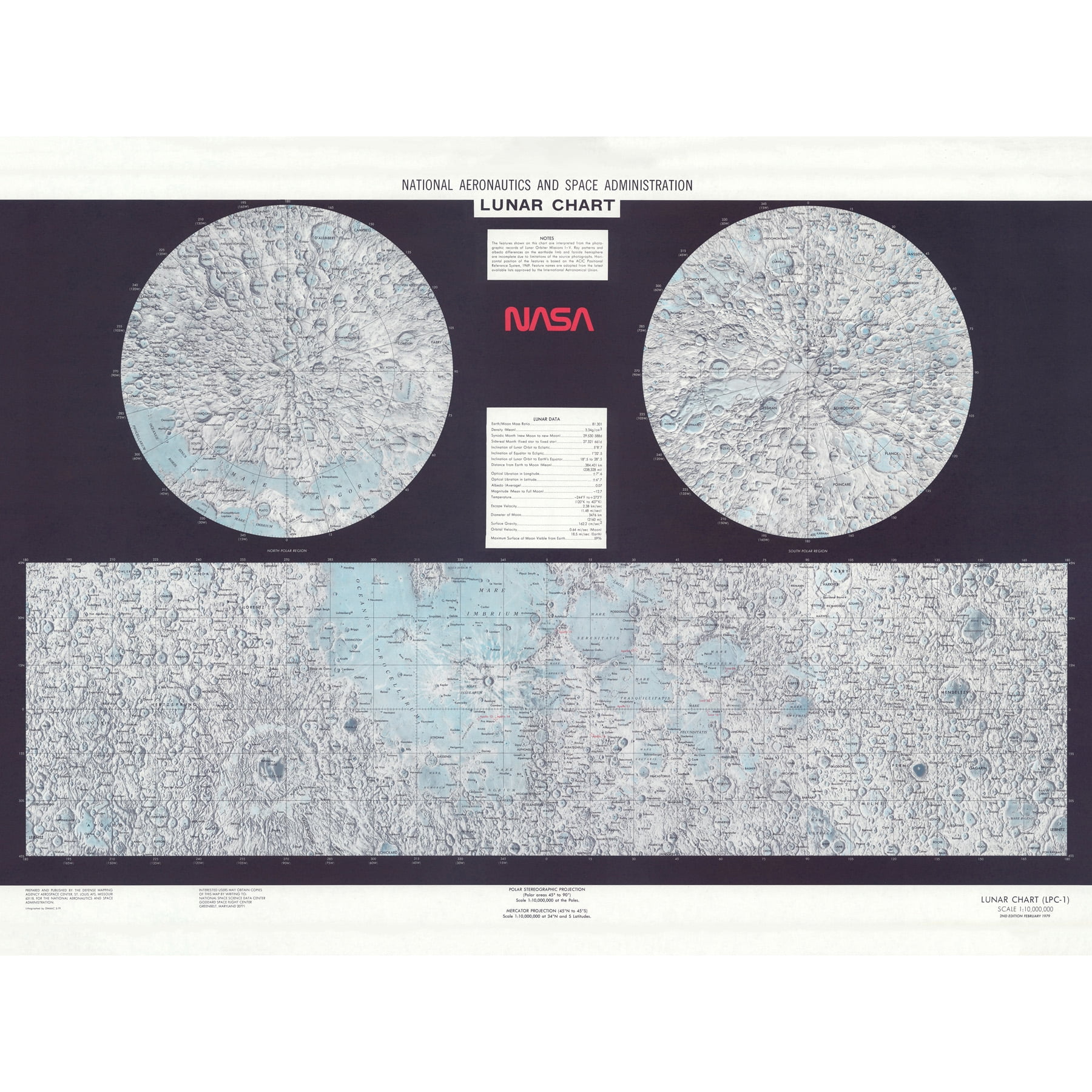 Space NASA 1979 Lunar Chart Moon Map Data Diagram Extra Large XL Wall ...