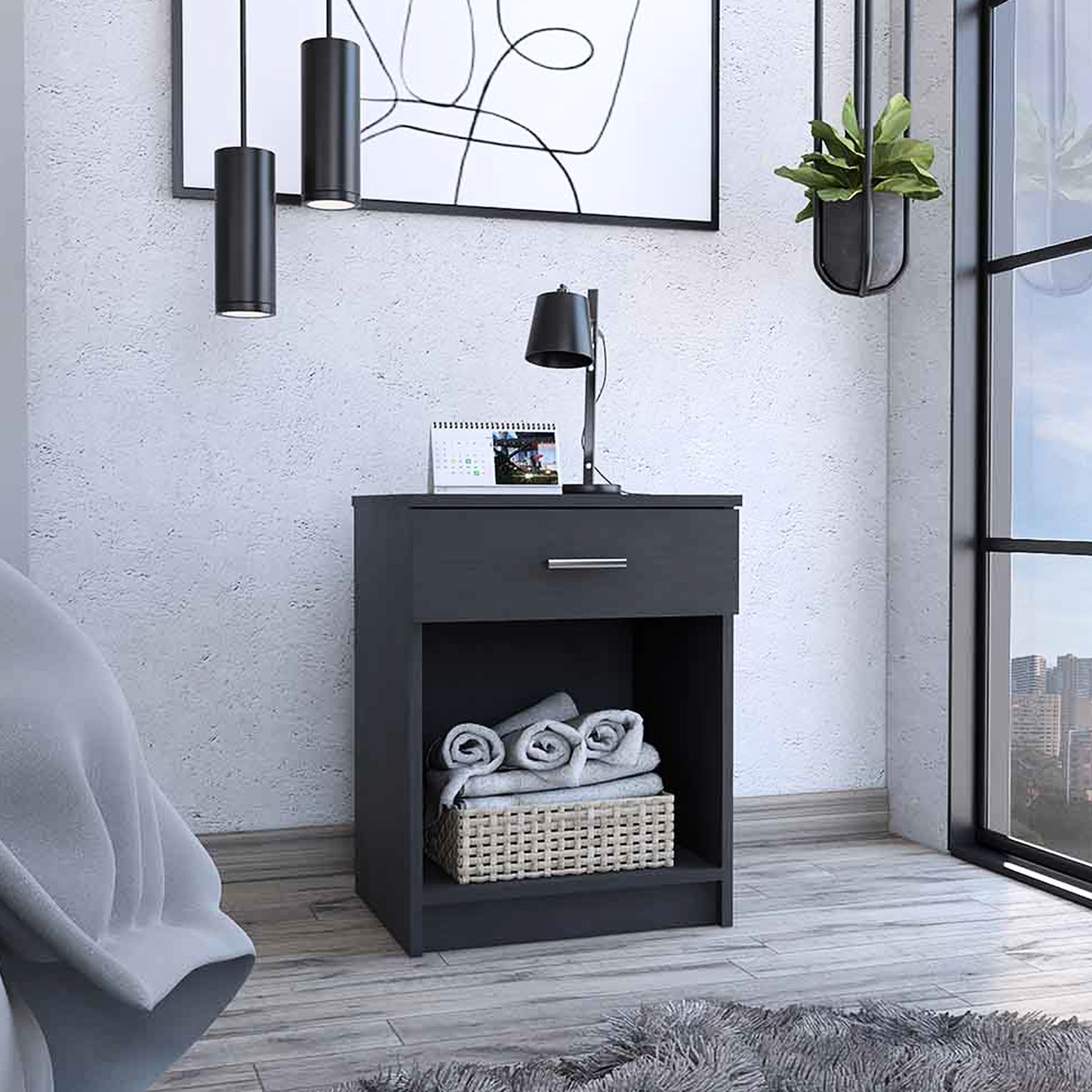 Space Nightstand In Black With Construction Modern Generous Drawer And ...