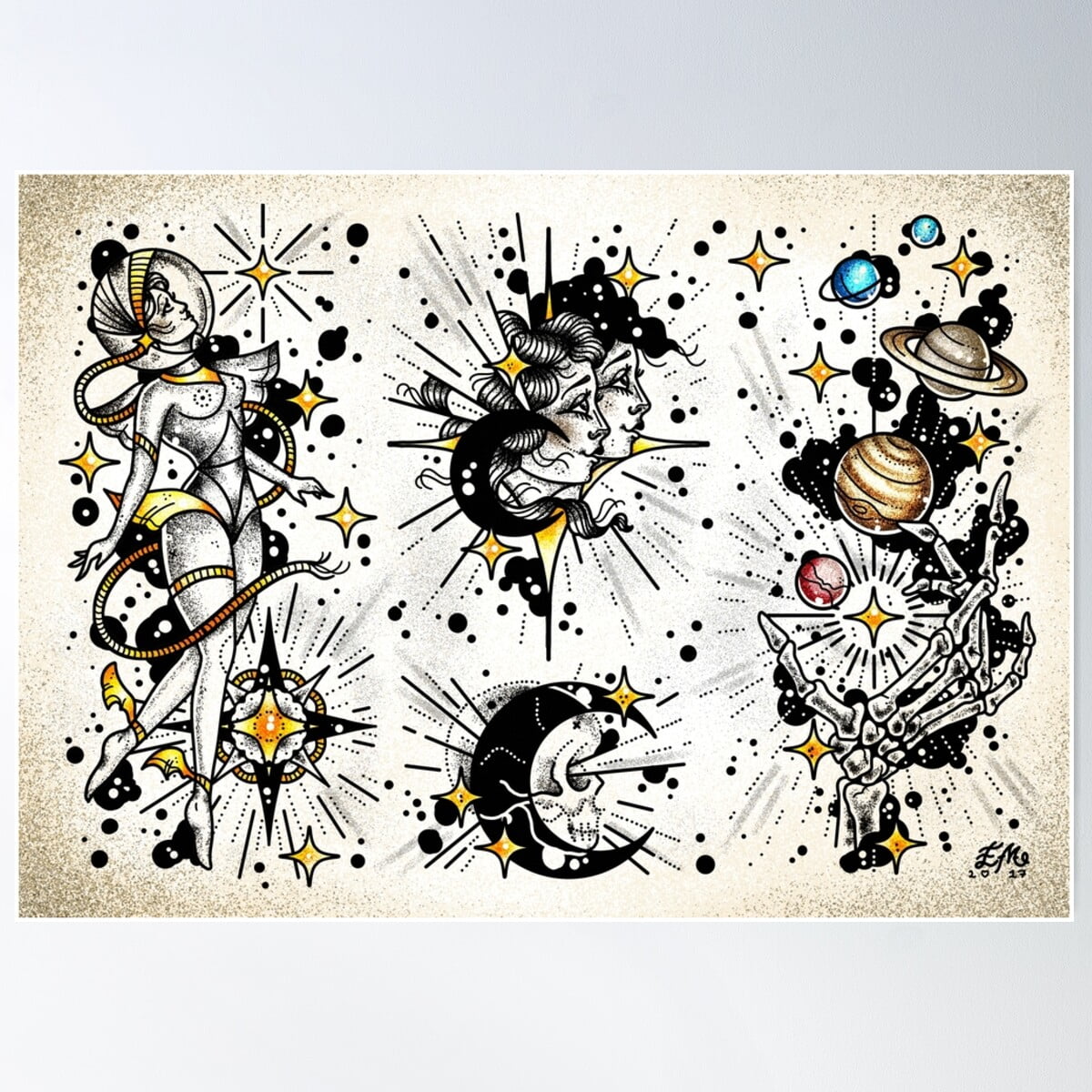 Space Pin Up Skeleton Skull Cute Traditional Tattoo Flash Poster Wall Art, Modern Wall Decor For ...