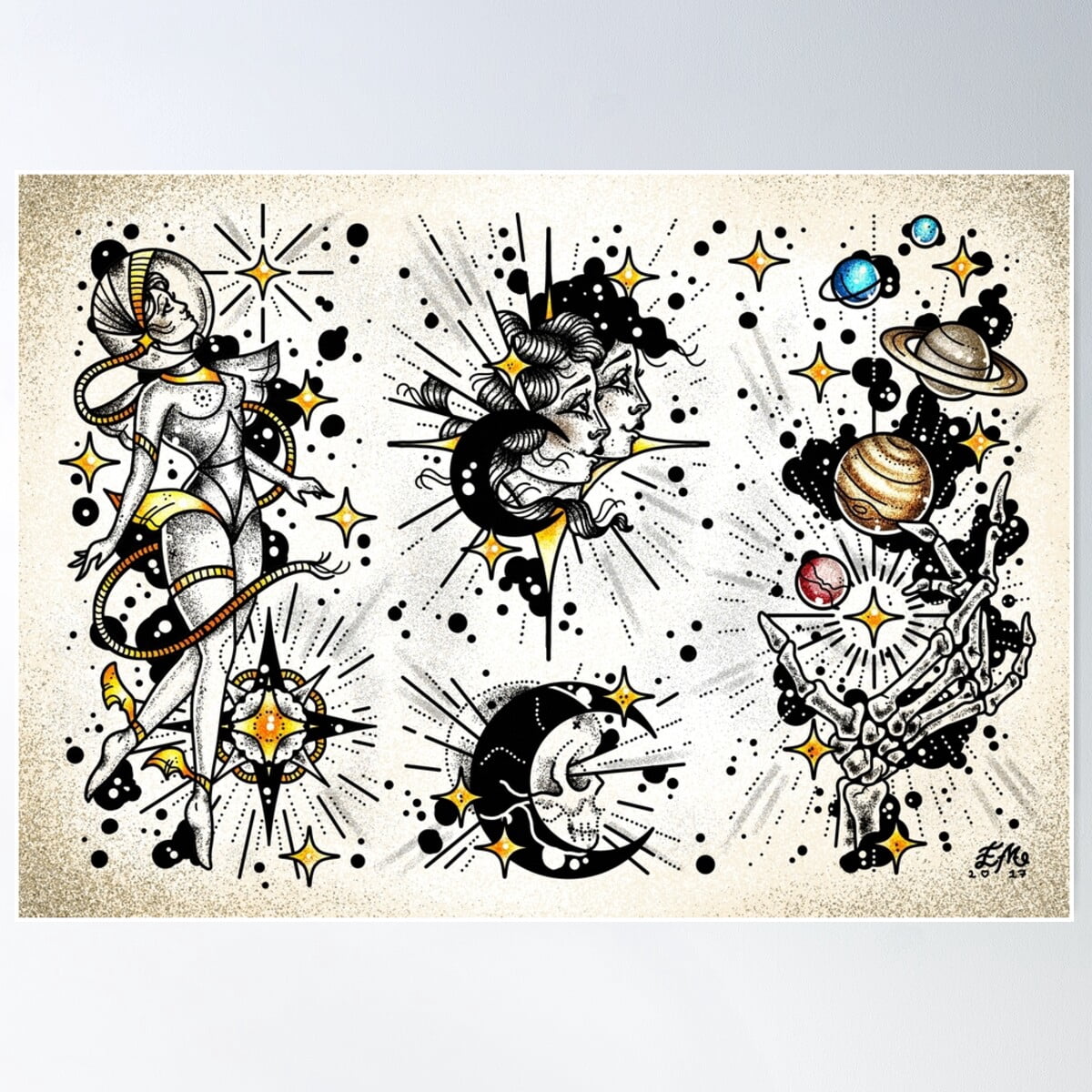 Space Pin Up Skeleton Skull Cute Traditional Tattoo Flash Poster Wall ...