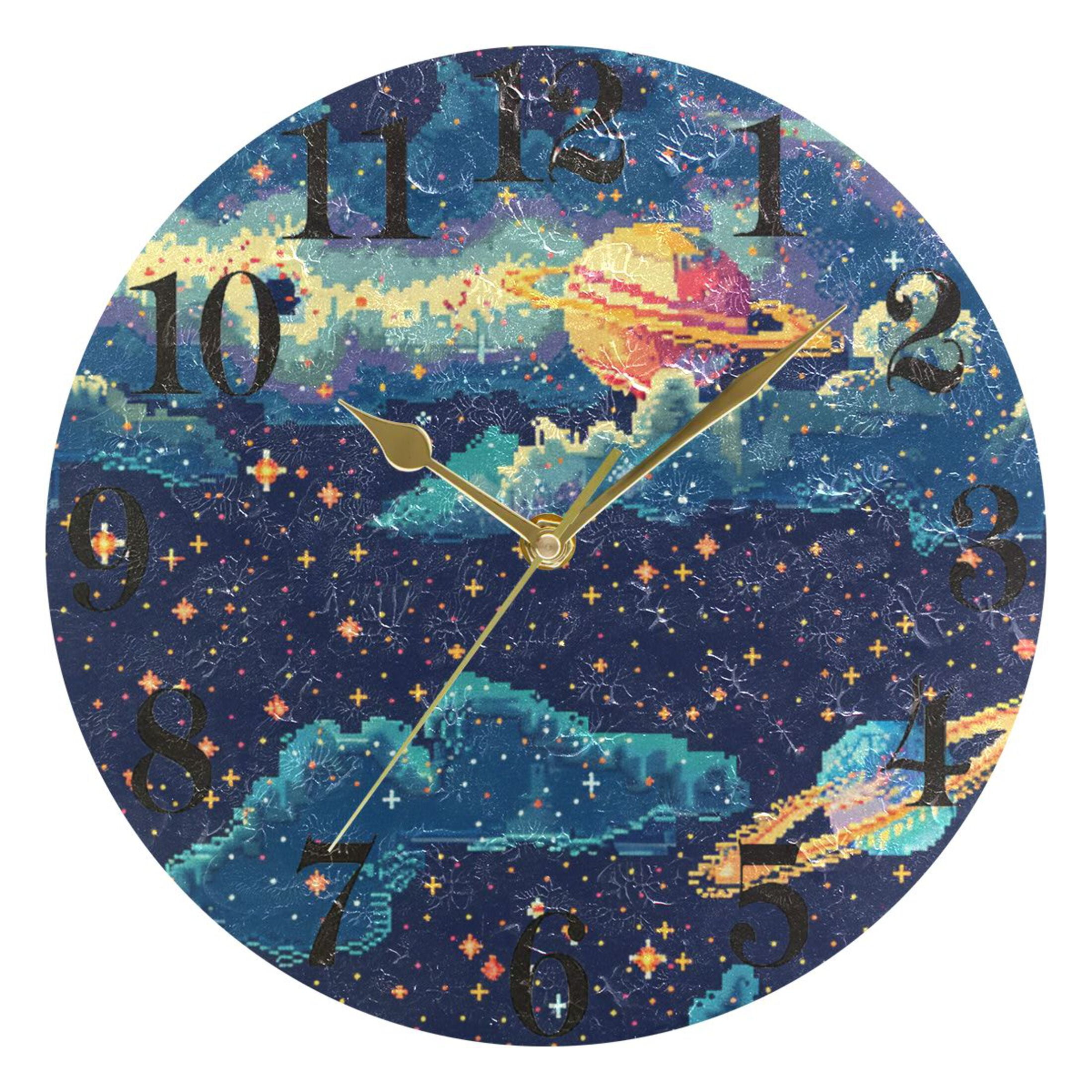 Space Pixel Style Round Wall Clock Battery Operated Silent Non-Ticking ...