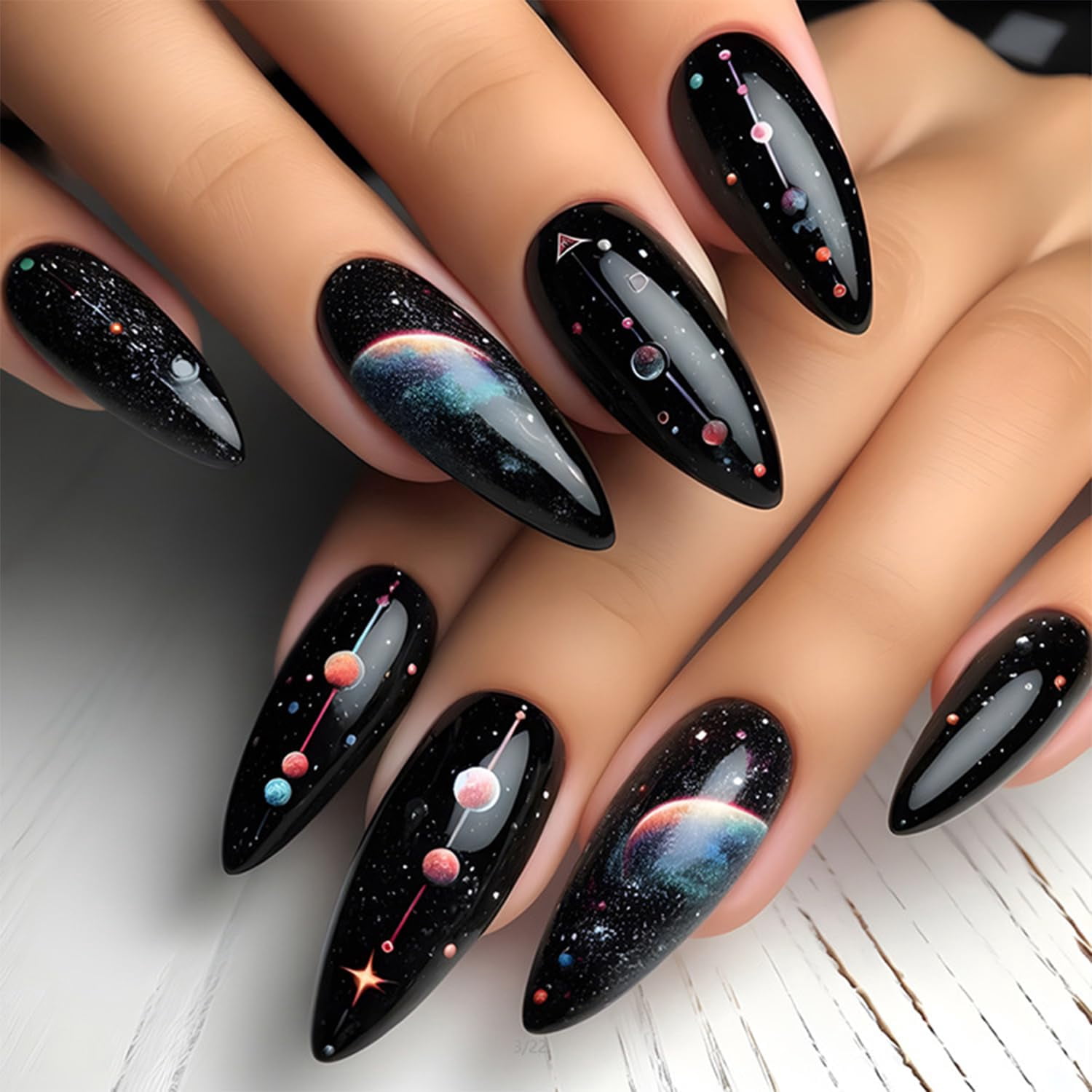 Space Planet False Nails Starry Sky Press on Nails Long Almond Acrylic ...