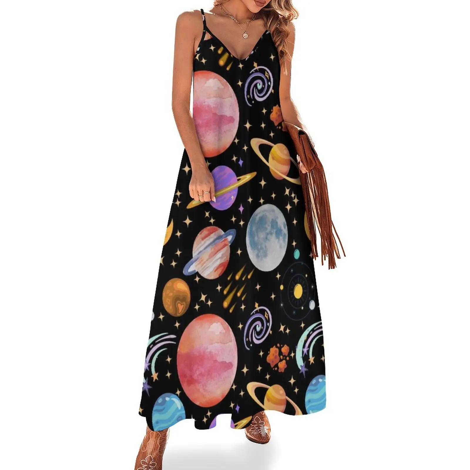 Space Planets Moons and Stars Sleeveless Dress Long dresses long dress ...