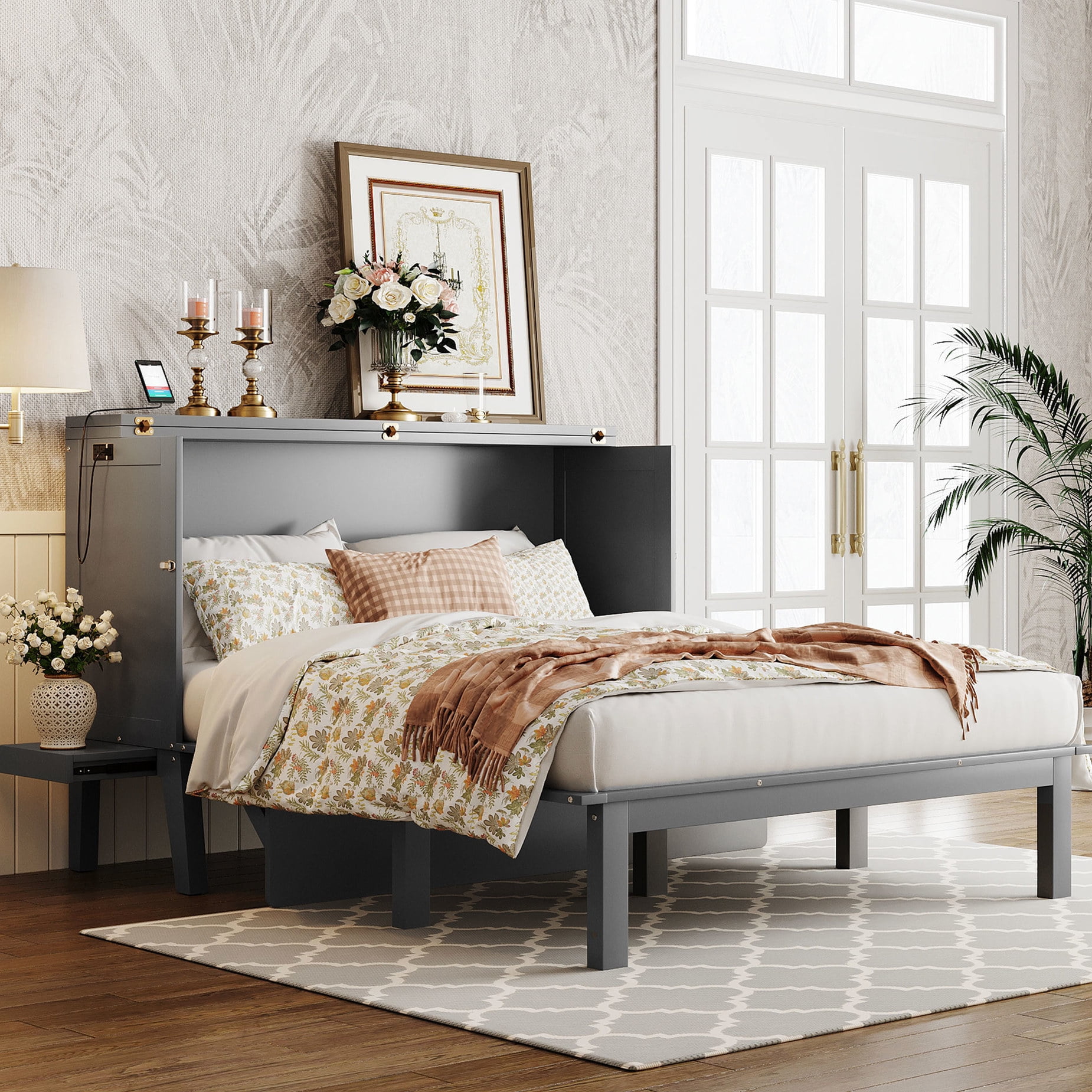 Space Queen Bed With Outlet And Removable Sideboard Desk Counter ...