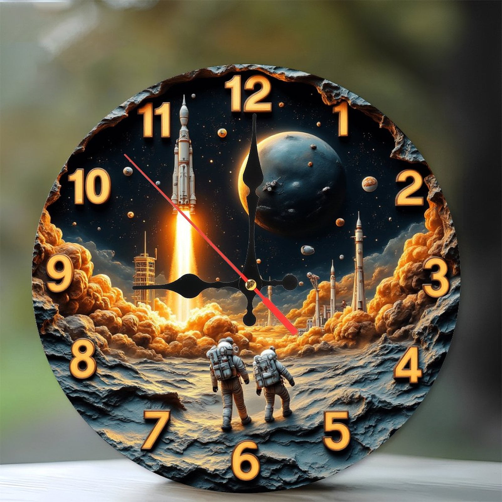 Space Rocket Launch Astronauts Moon Clock Wall Art 10-Inch Silent ...
