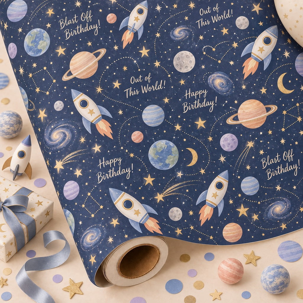 Space Rocket Planets Birthday Wrapping Paper for Celebration Gifts ...