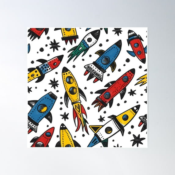 Space Rockets Pattern For Kids Poster Wall Art, Modern Wall Decor ...