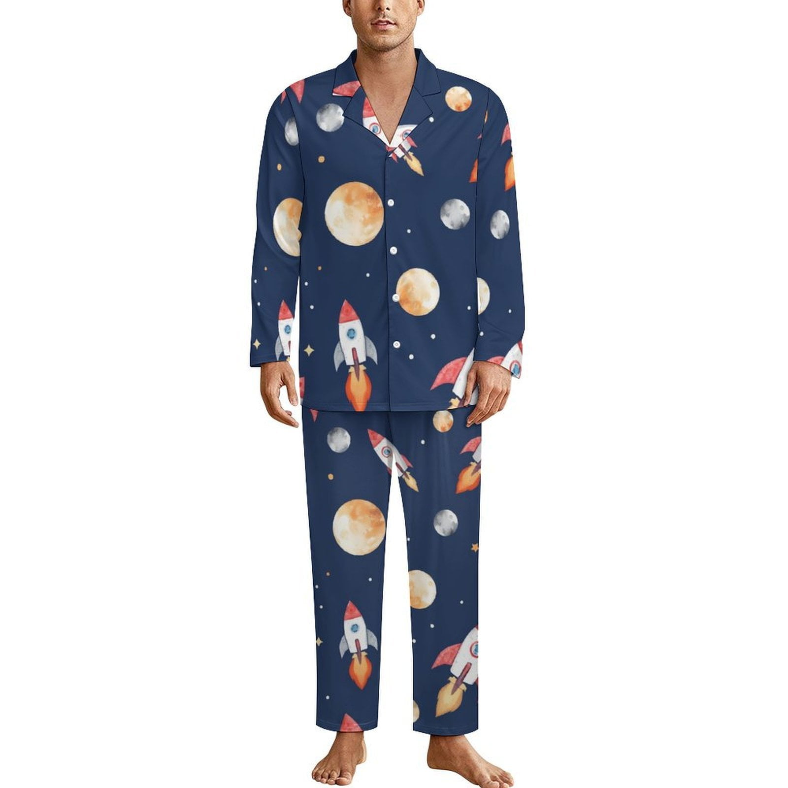Space Rockets Planets Stars Pajamas Men Sleep Sleepwear Spring 2 Piece ...