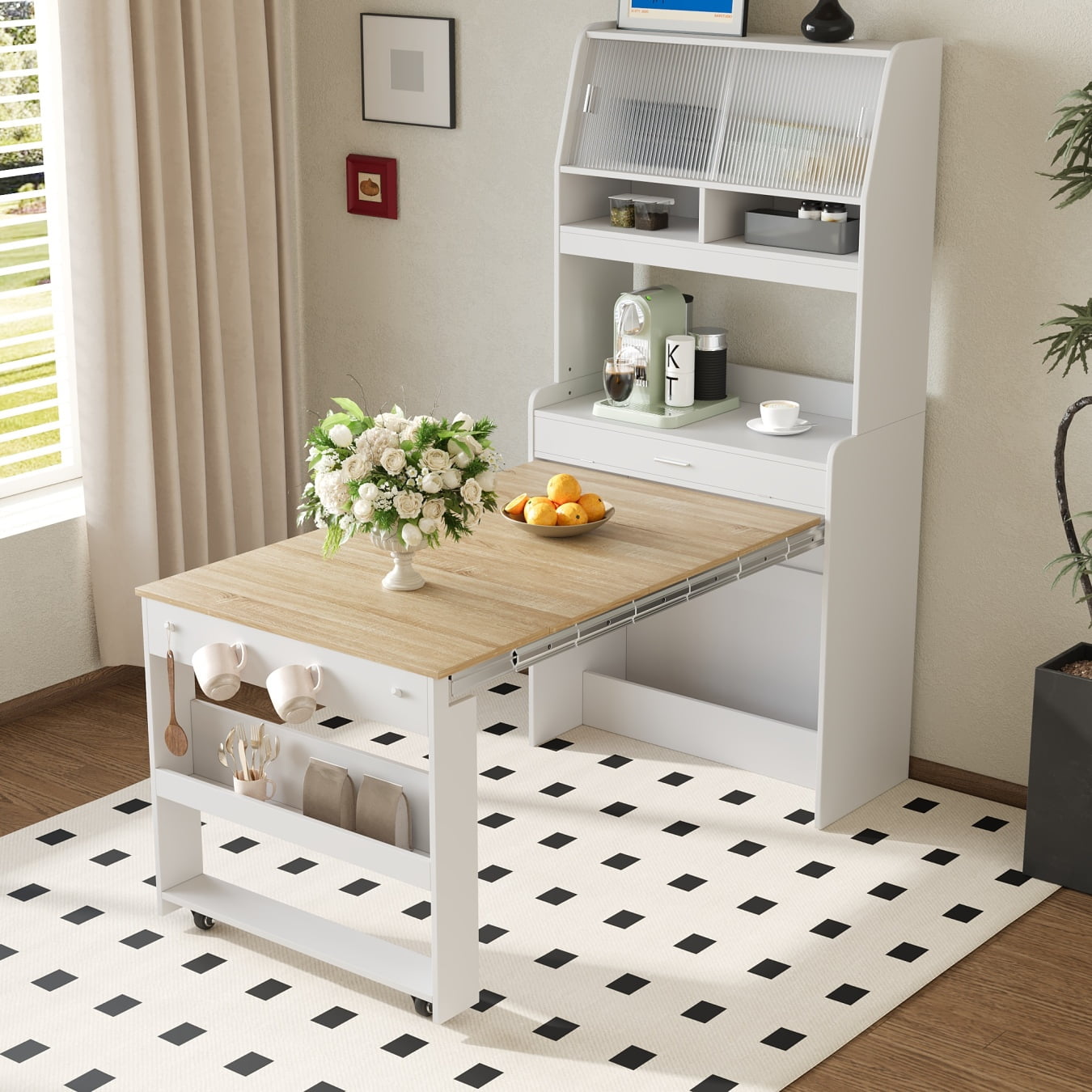 Space-Saving 2-in-1 Buffet Dining Table with Hutch, Foldable Expandable ...