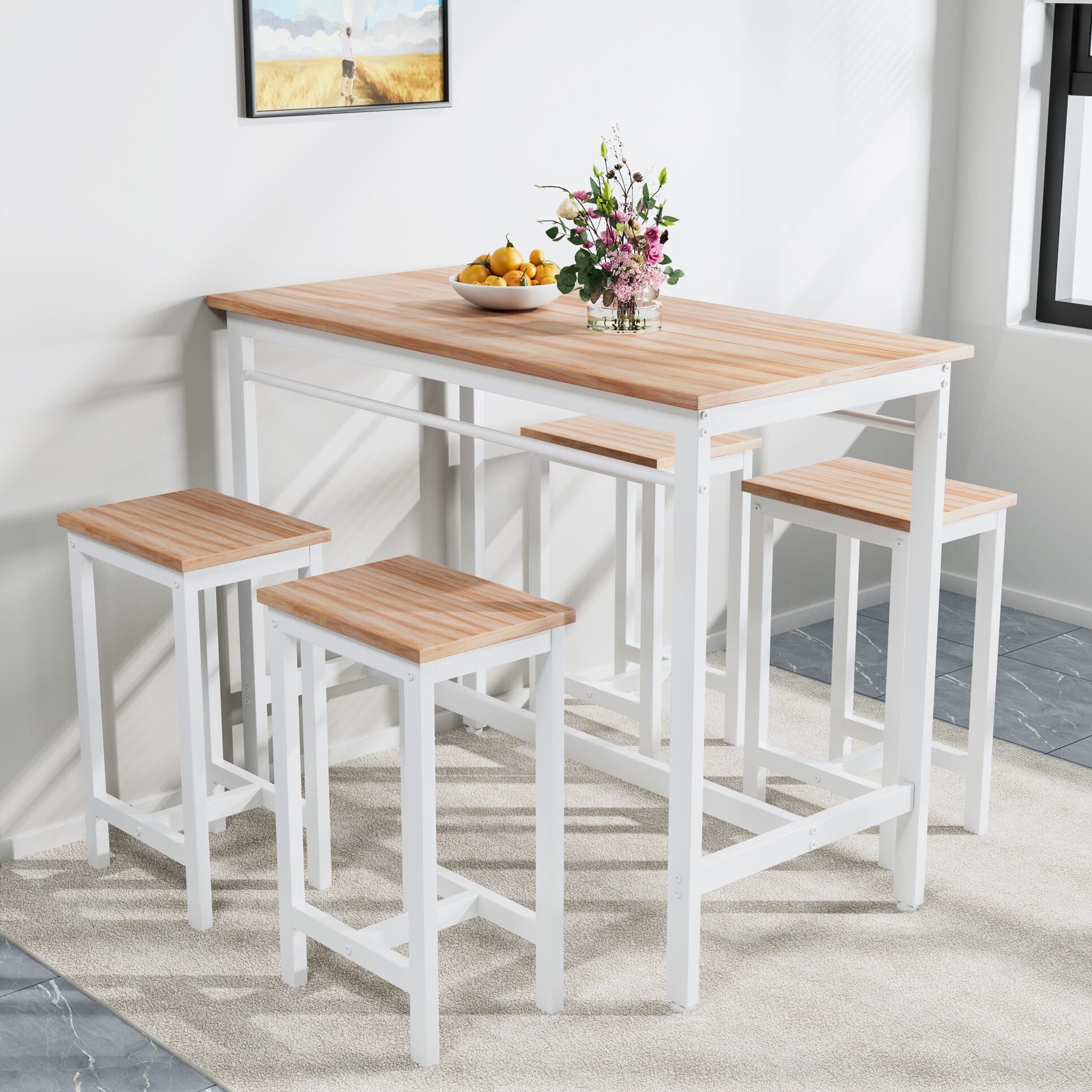 Space-Saving 5-Piece Kitchen Table Set with 4 Bar Stools, Metal Frame ...