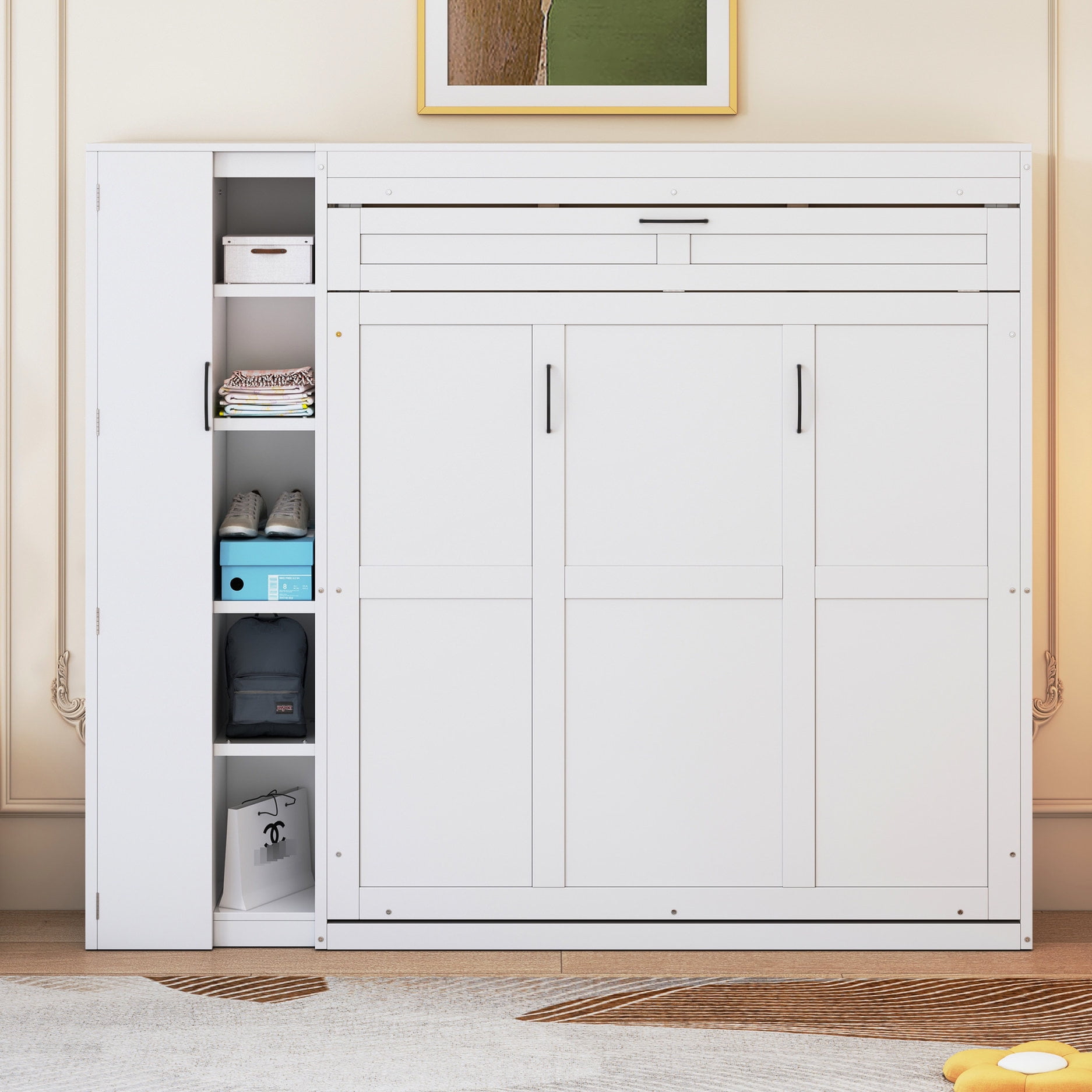 Space Saving Bed Queen With Gleaming Shelves, Wardrobe, And Pleasant ...