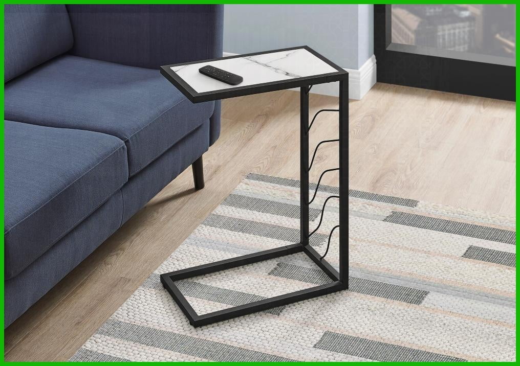 Space-Saving C-Shaped Coffee Table with White Marble Look & Black Metal ...