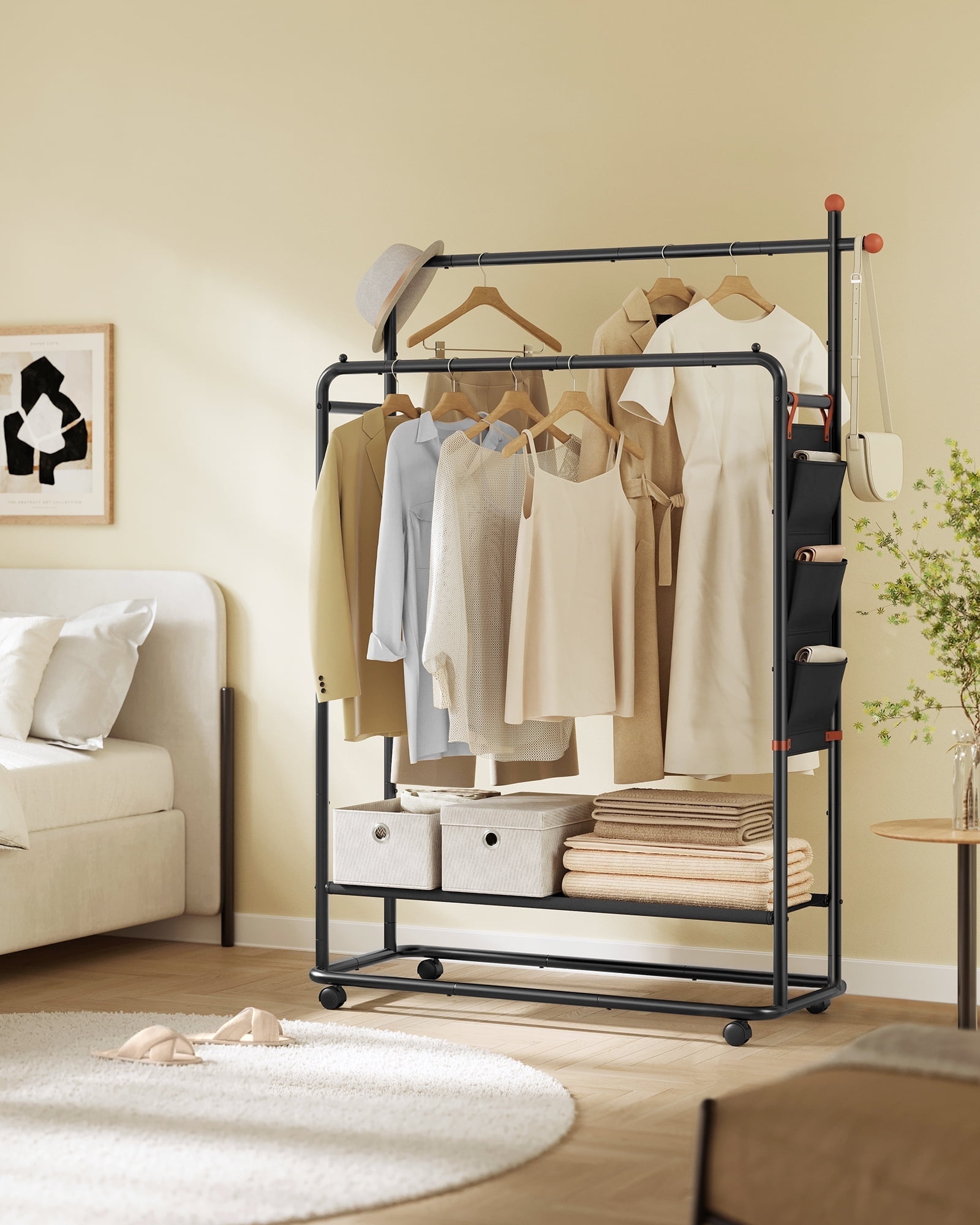 Space-Saving Dual-Rod Garment Rack, Mobile Clothes Rack with Wheels, 2 ...