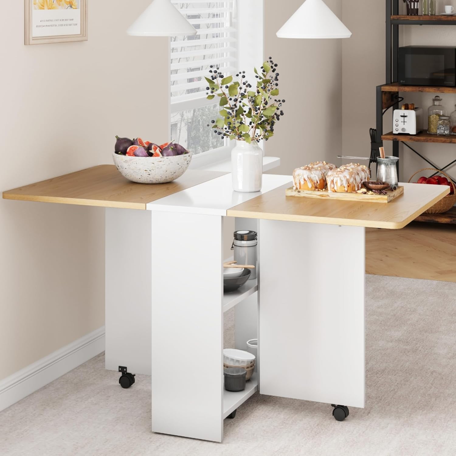 Space Saving Folding Dining Table with 2 Tier Storage-Extendable Drop ...