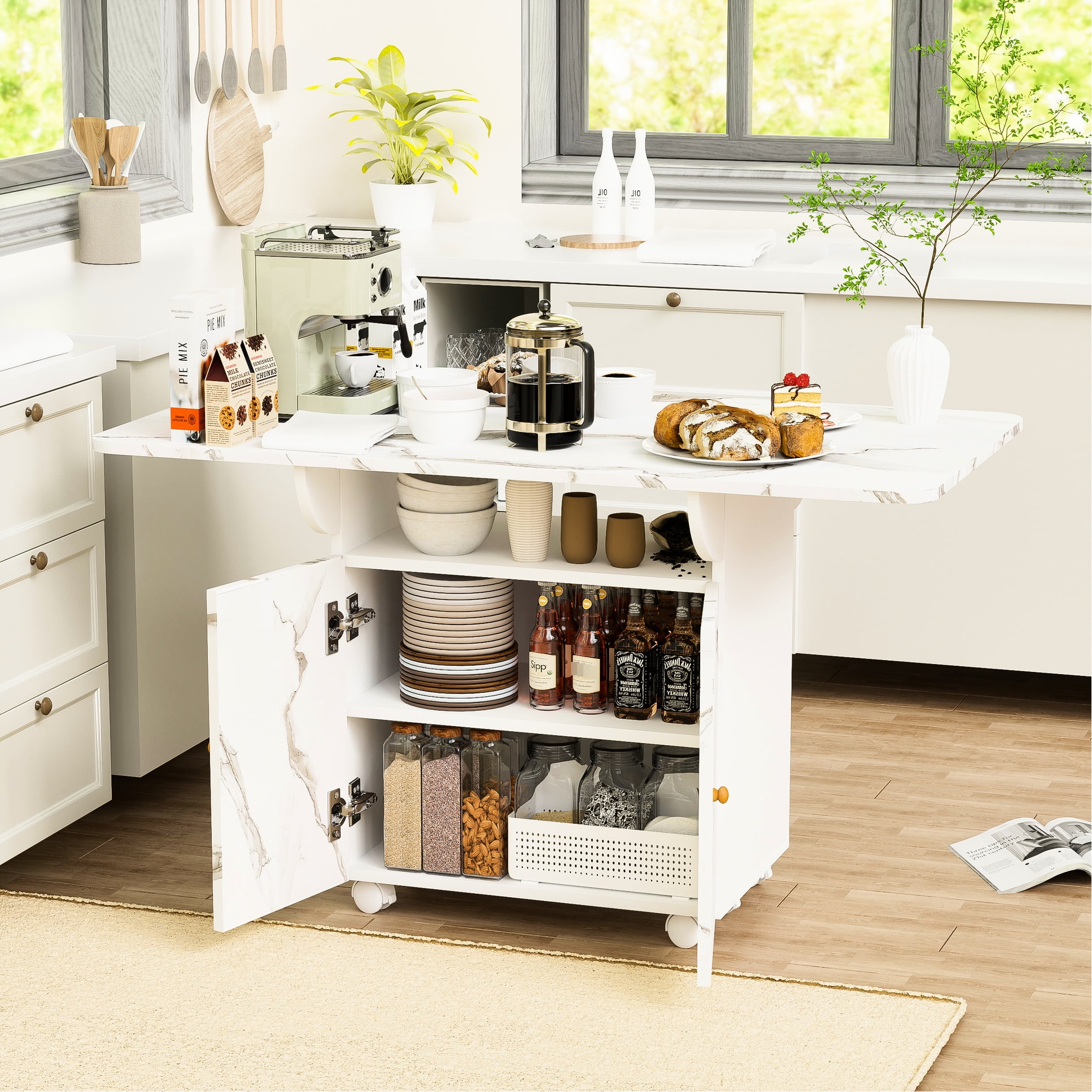 Space Saving Folding Dining Table 47", White Marble Texture Top, With ...