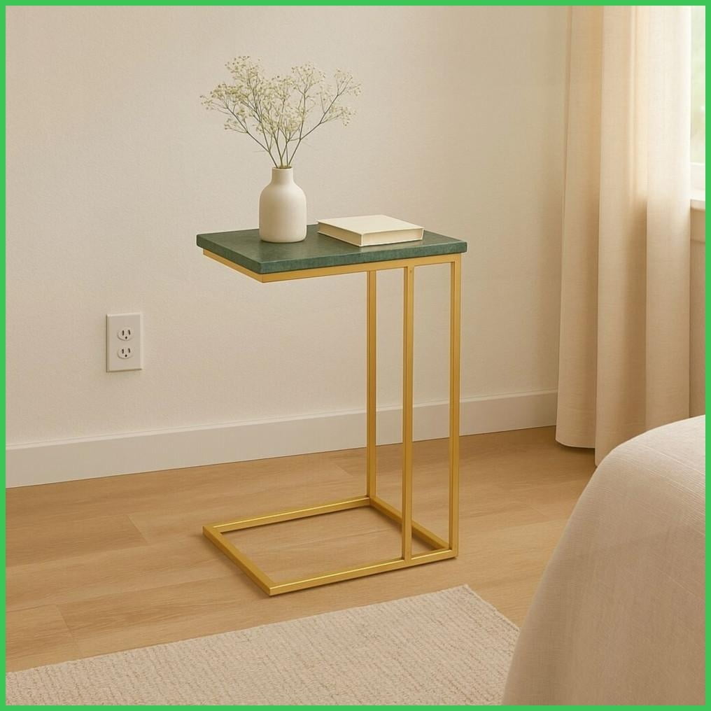 Space-Saving Green Marble Coffee Table for Living Room, Golden Metal C ...