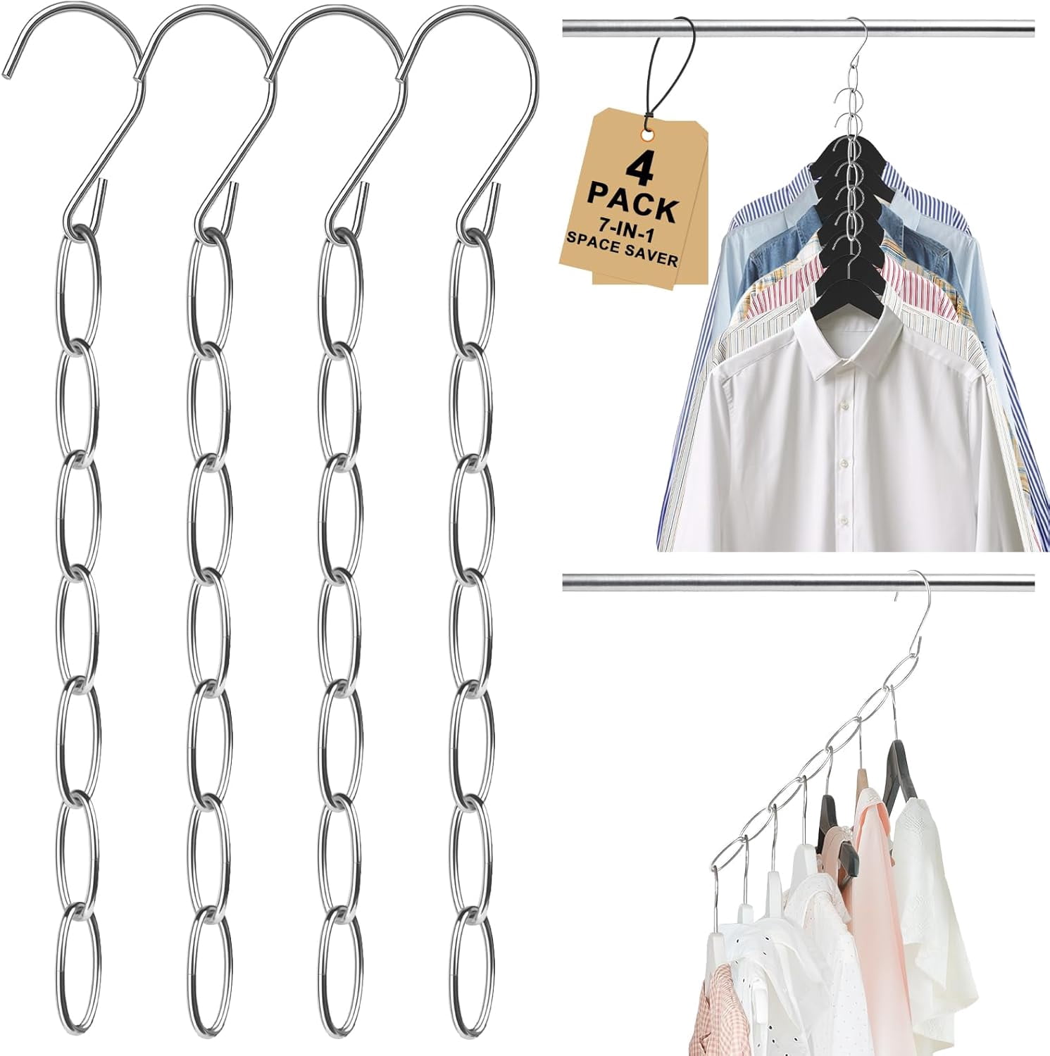 Space Saving Hangers, 4 Pack Metal Clothing Chain Hangers with 7 Holes ...