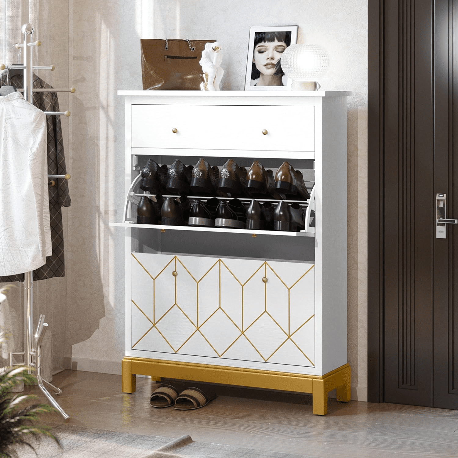 Space Saving Hidden Shoe Cabinet with 2 Flip Doors 1 Drawer Shoe ...