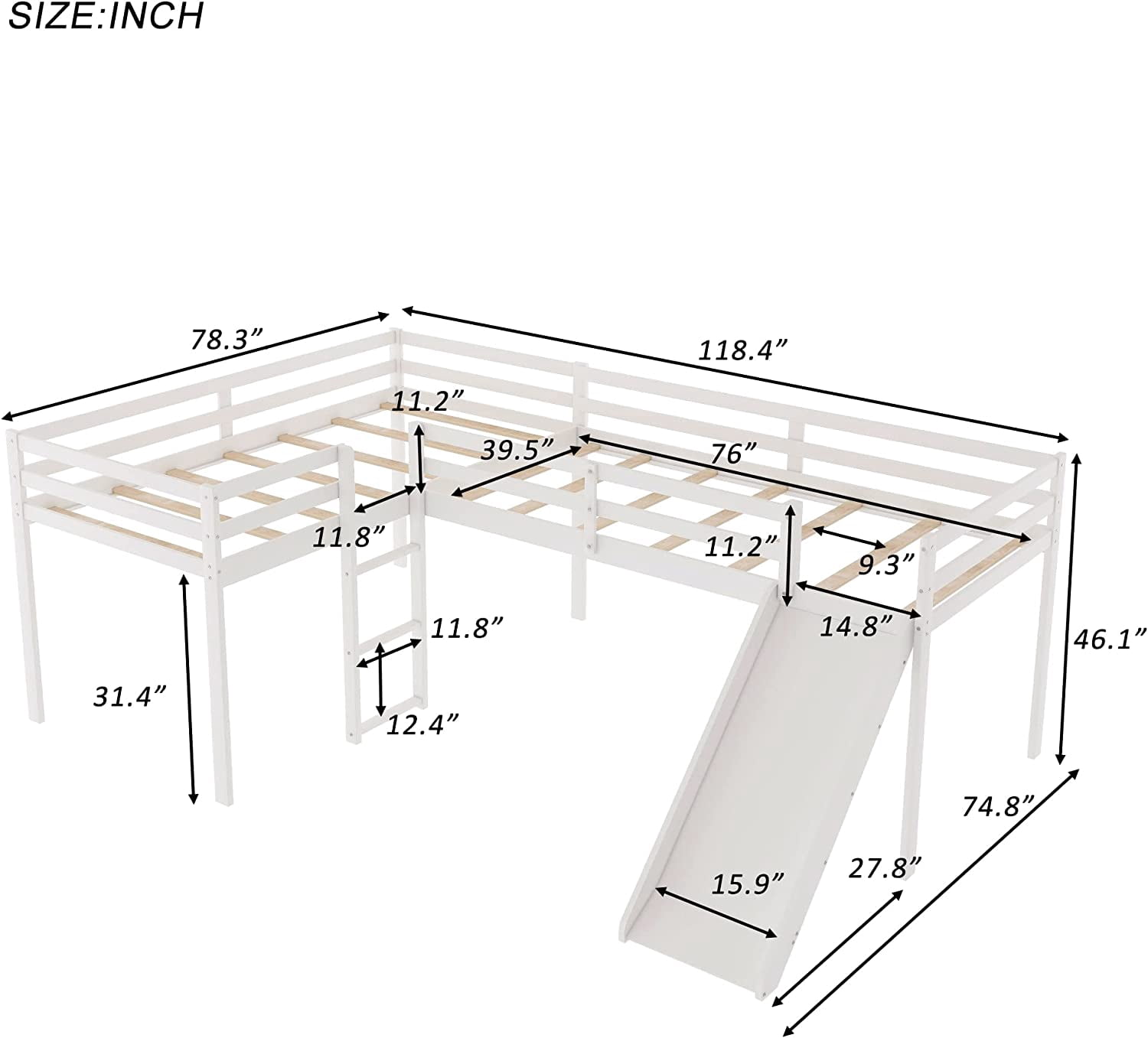 Space-Saving L-Shaped Twin Loft Bed with Slide & Ladder, Sturdy Solid ...