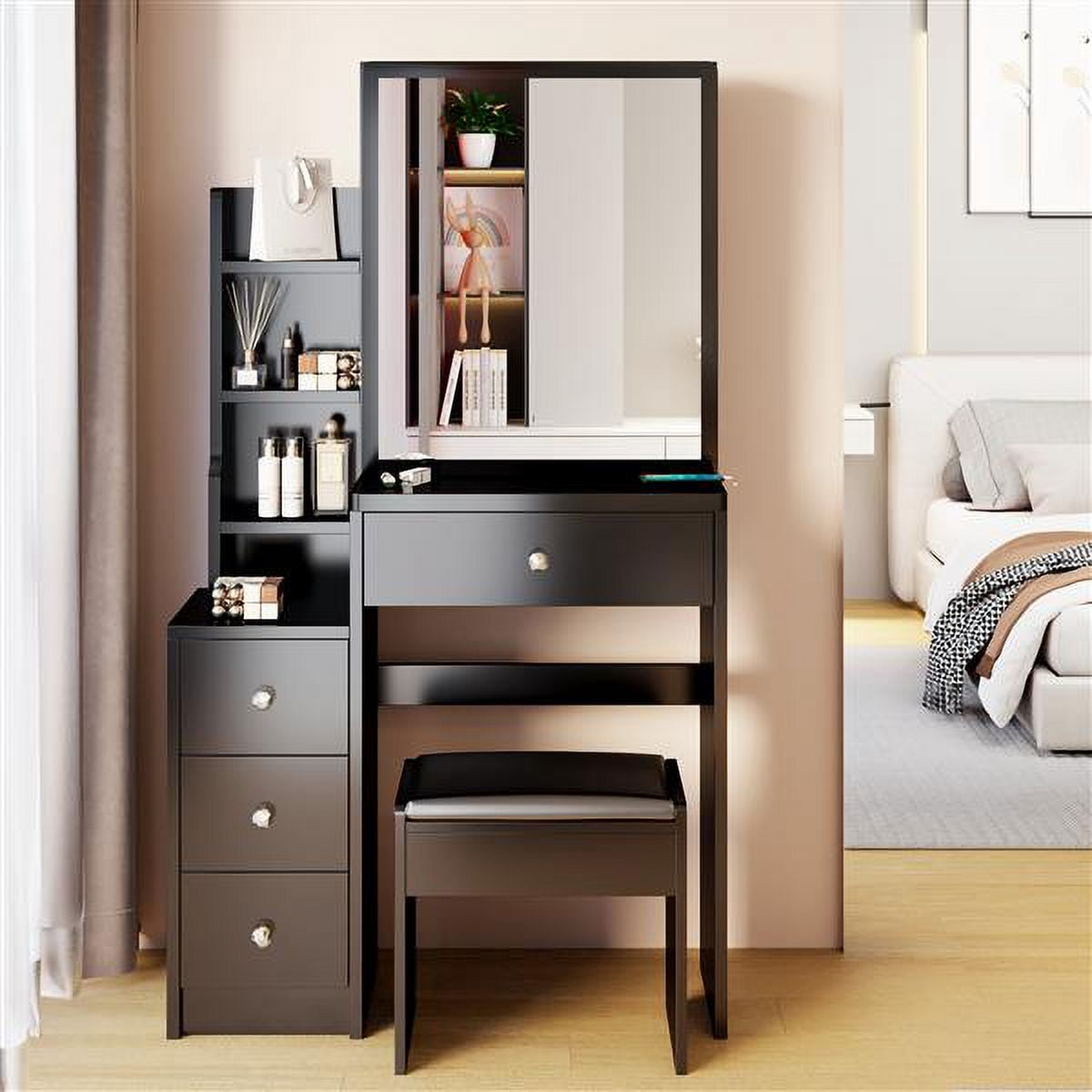 Space-Saving Left-Side Bedside Vanity Table with Cushioned Stool, Right ...