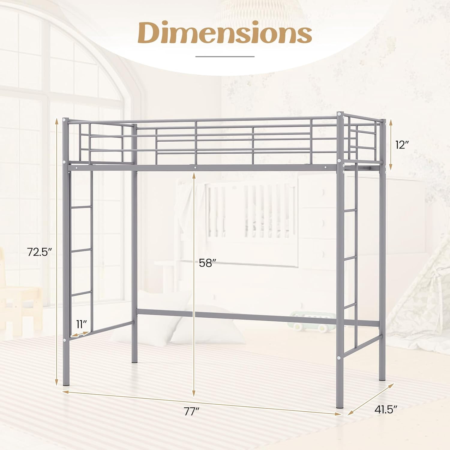Space-Saving Metal Twin Loft Bed with Full-Length Safety Rail and Dual ...