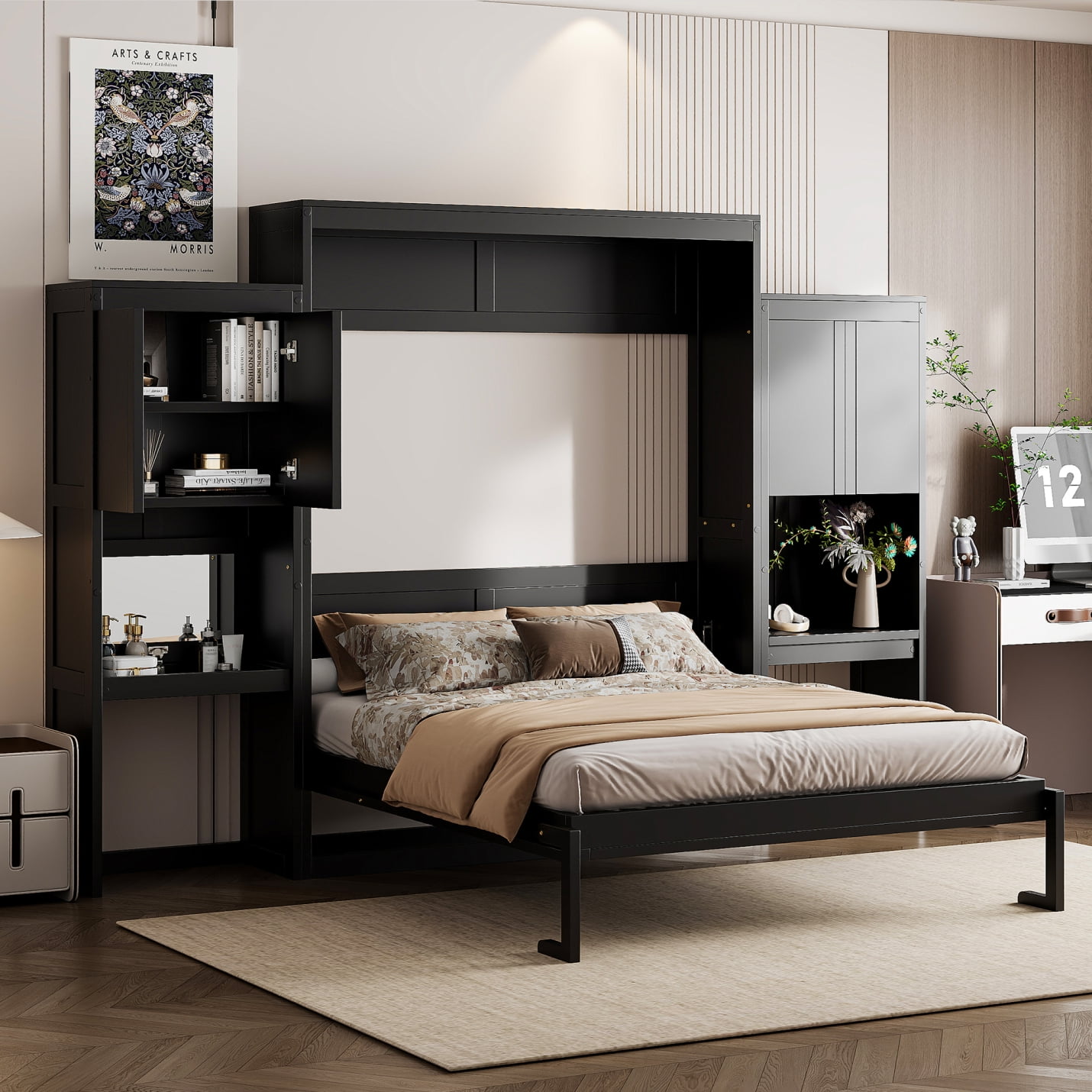 Space-Saving Queen Size Murphy Bed with Desk, Vanity, Shelving Units ...