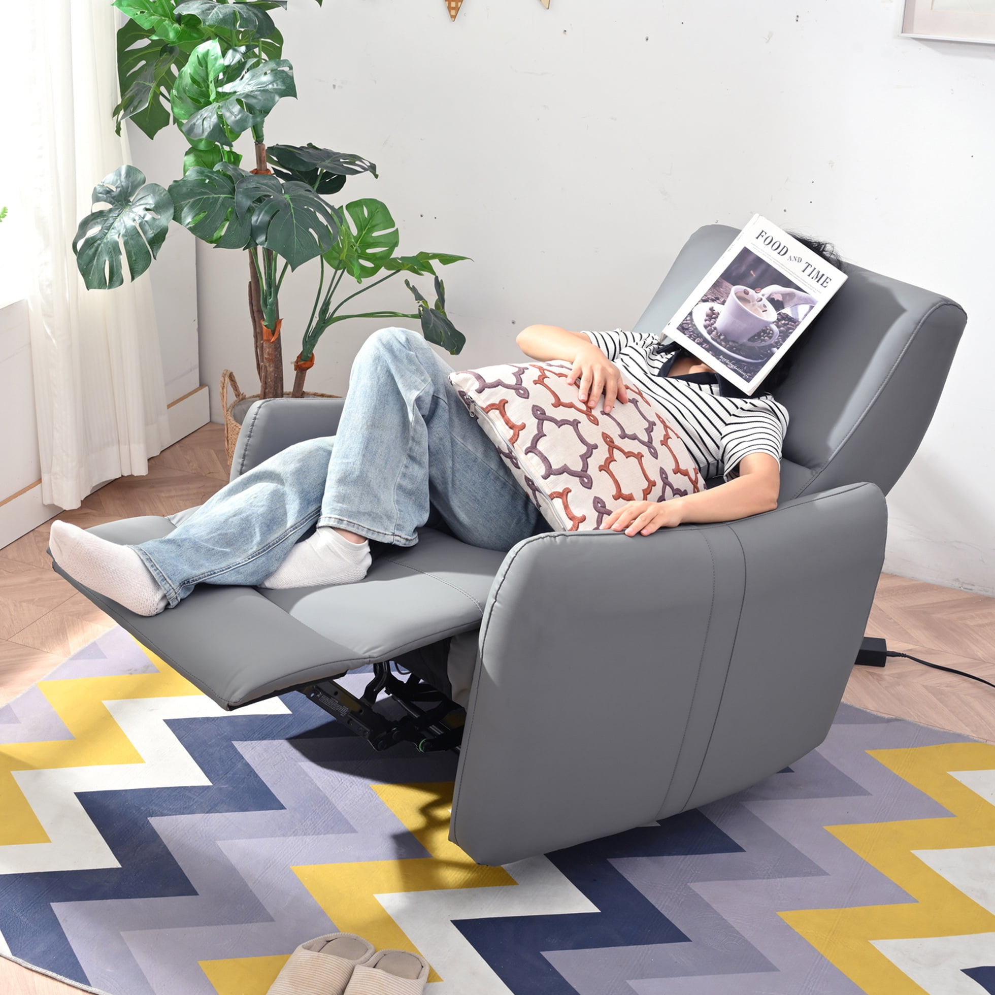 Space Saving Recliner - Blue Pu Leather Chair With 160 Degrees Recline ...