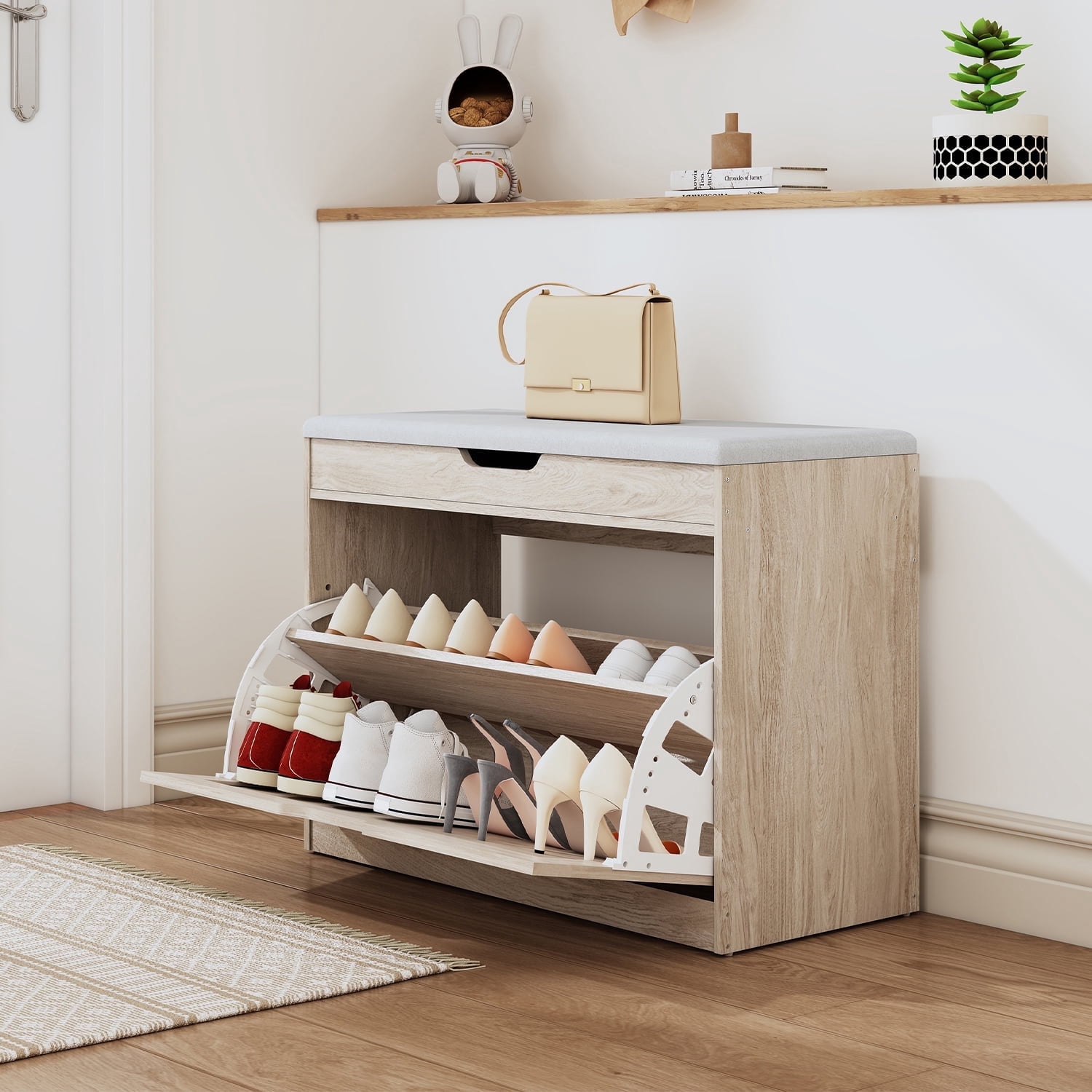 Space-Saving Shoe Bench with Cushioned Seat & Flip-Drawer ,Small Space ...