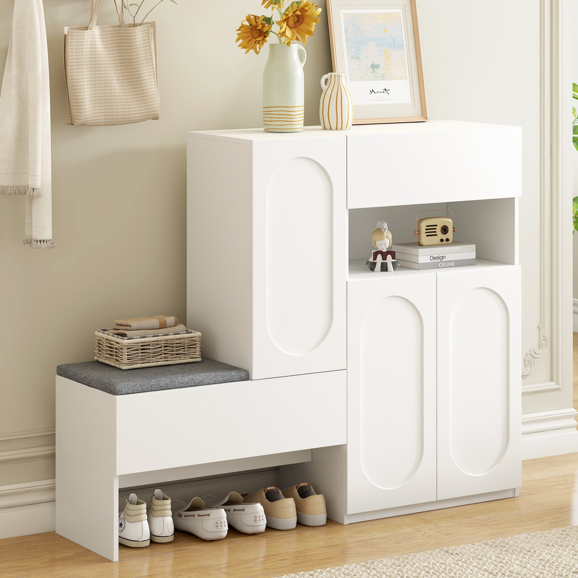 Space-Saving Shoe Storage Bench with Padded Seat and Arched Doors ...