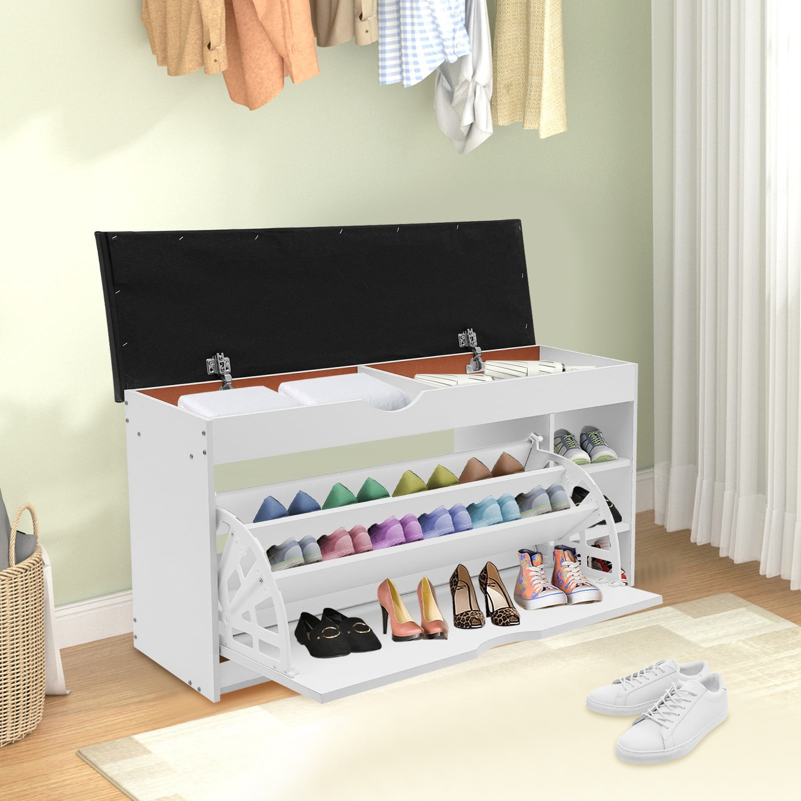 Space-Saving Triple-Fold Shoe Rack with Bench Warm White Shoe Storage ...