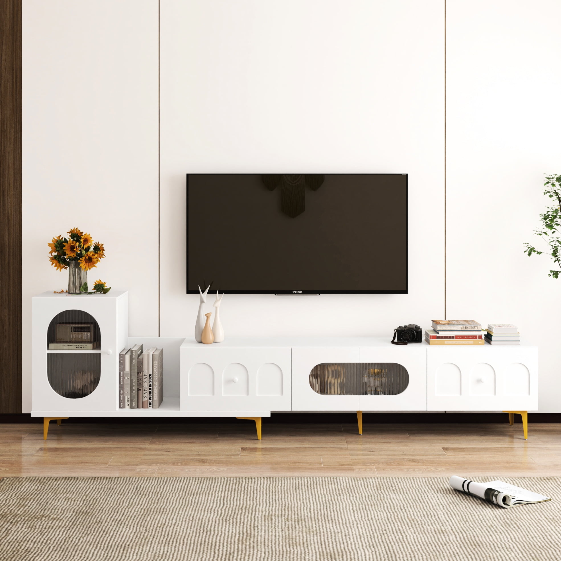 Space Saving Tv Console - 80-89 Inch Tv, White, Extendable, Ample ...