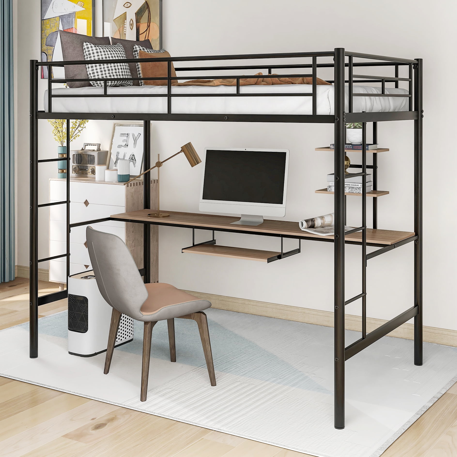 Space Saving Twin Loft Bed With Metal Desk And Shelf - Magnificent Size ...