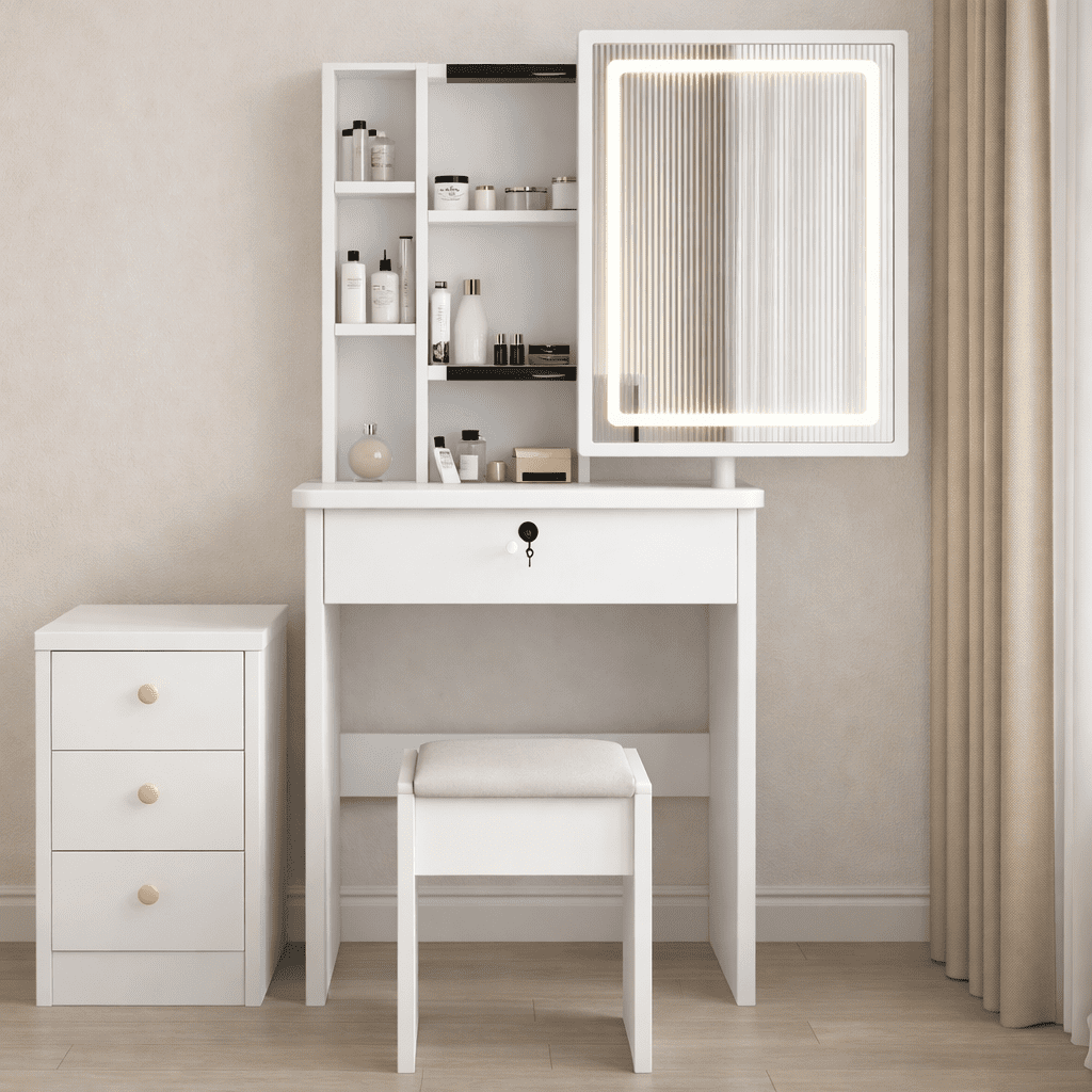 Space-Saving Vanity Desk Set with Dimmable LED Mirror (3 Light Modes ...
