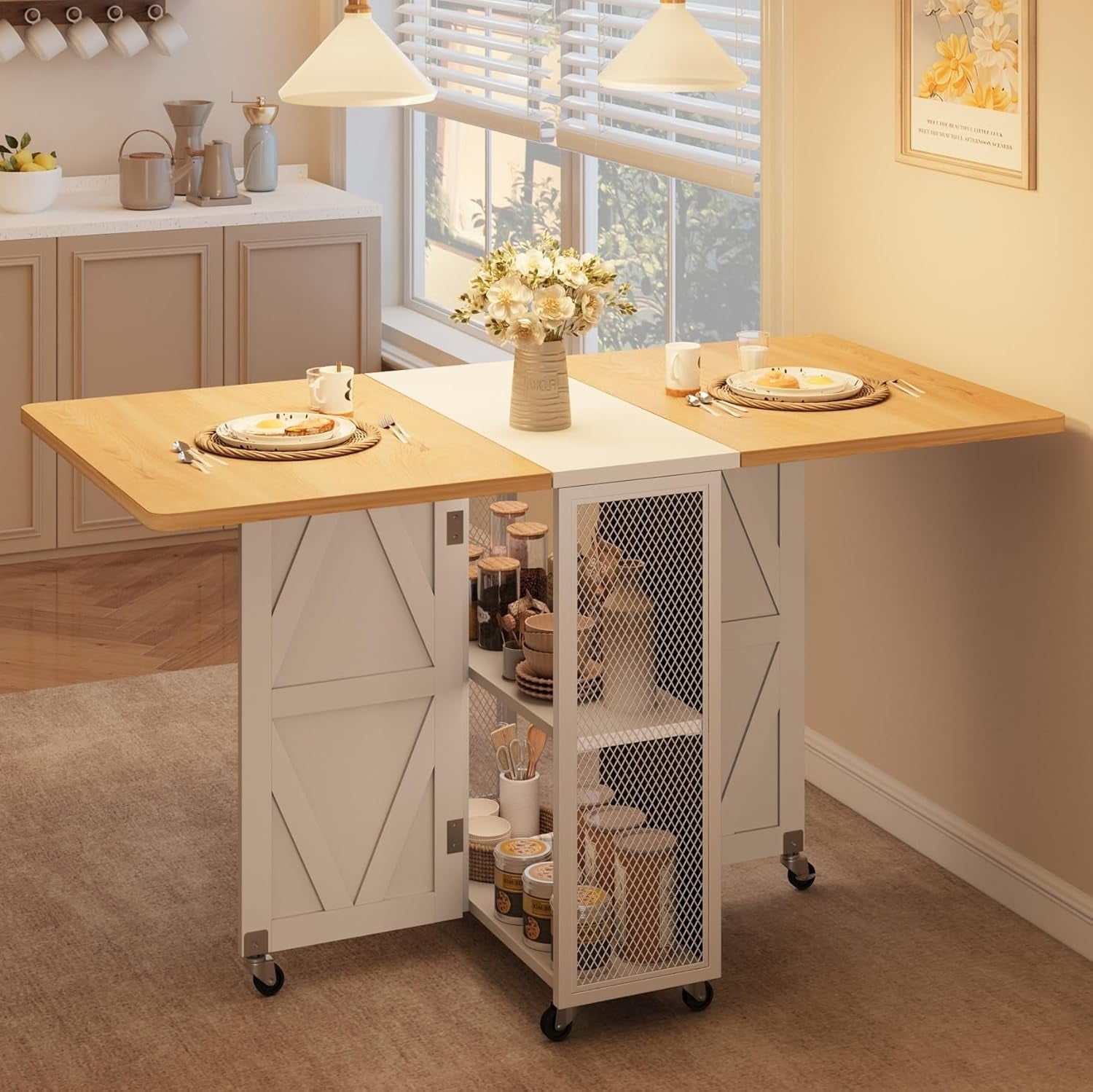 Fugacal Foldable Dining Table with Storage, Farmhouse Style, Drop Leaf ...