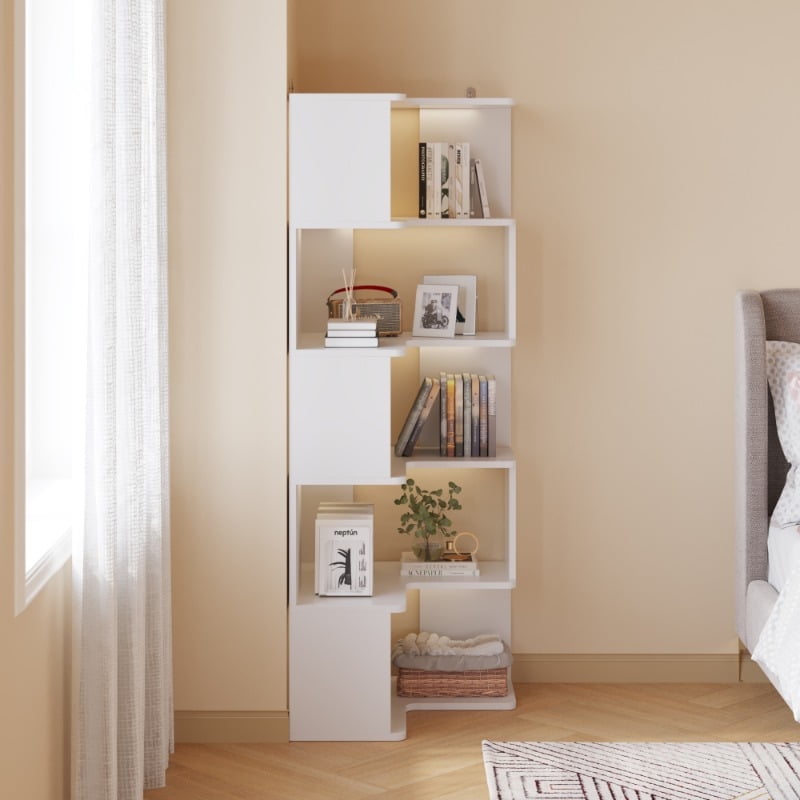 Space-Saving White Corner Retail Display Rack, 5-Layer L-Shape Shelving ...