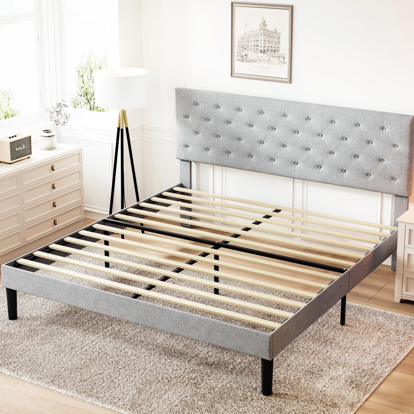 Space - Saving and Quiet - Queen Bed Frame with Wooden Slats in Bedroom ...