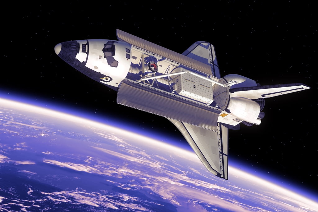 Space Shuttle In Space Orbiting Earth Bay Doors Open Rendering Photo ...