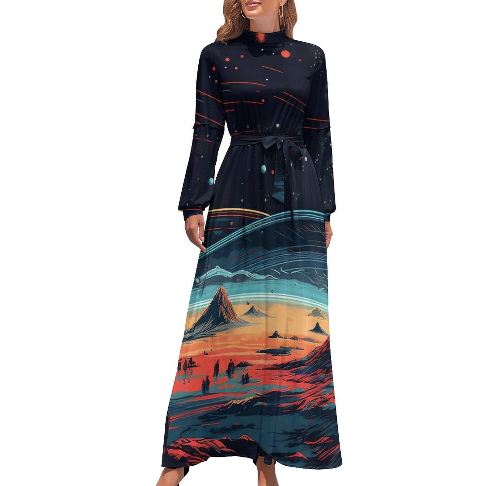 Space Sketch Dress Cute Planets Stars Elegant Custom Maxi Dress High ...