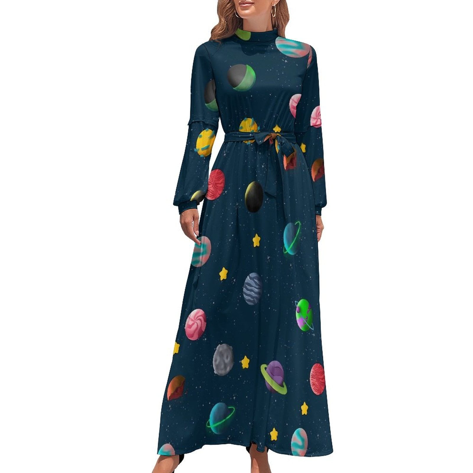 Space Sketch Dress Cute Planets Stars Elegant Custom Maxi Dress High ...