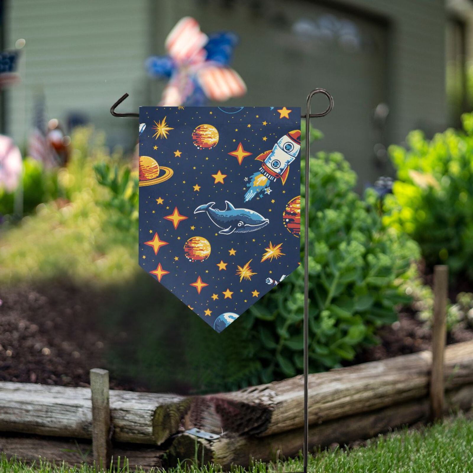 Space Stars Astronauts Fish Garden Flag 18" x 12.5" Double Sided Yard ...