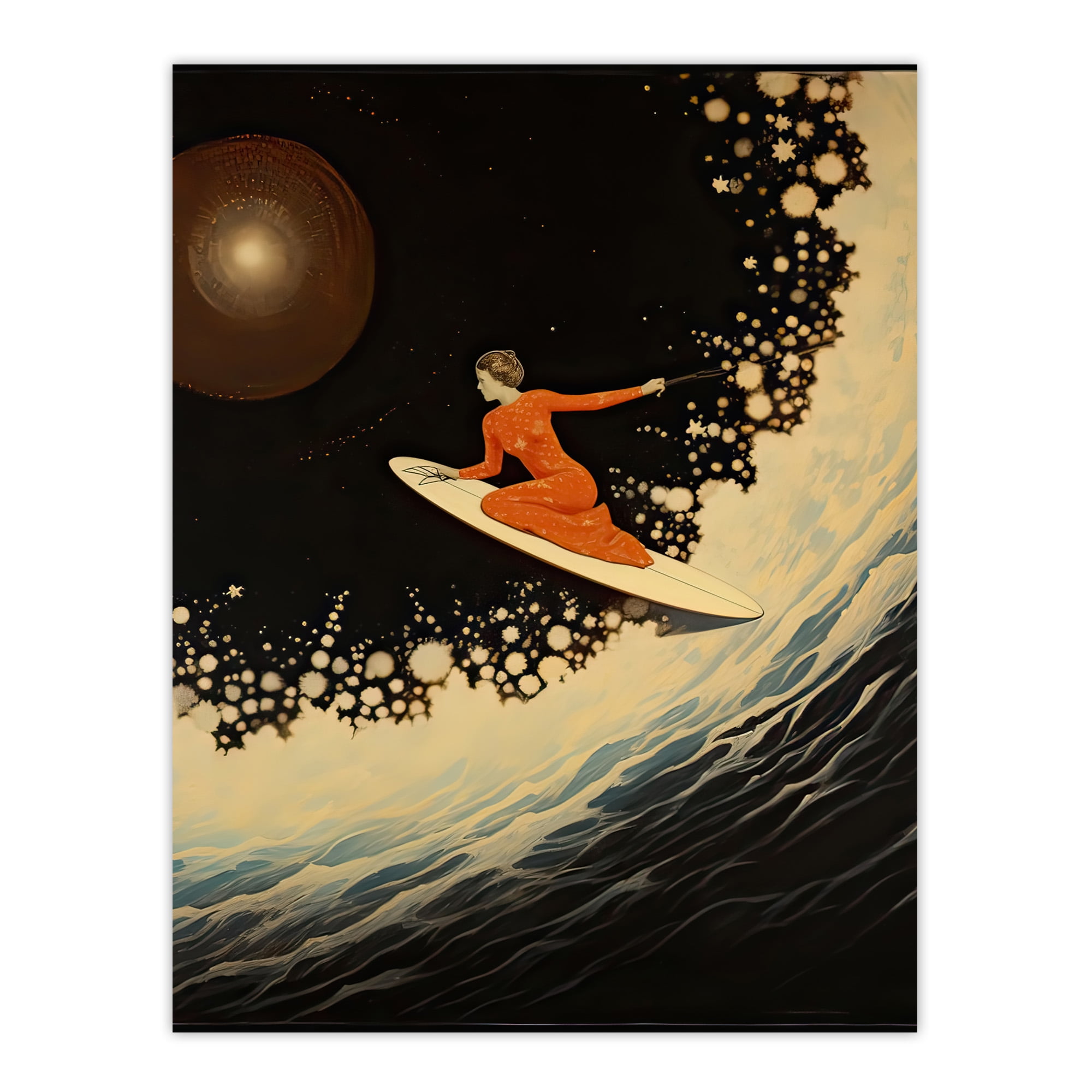 Space Surfing Vintage Surreal Oil Painting Intergalactic Surfer Woman Riding Celestial Wave ...