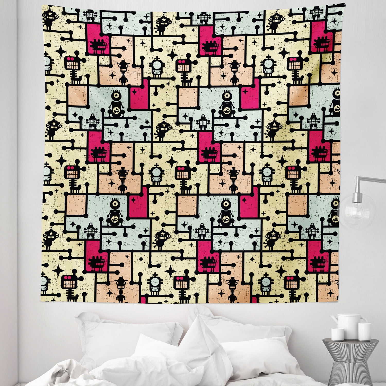 Space Tapestry, Geometric Grid Design with Stripes Dots Retro ...