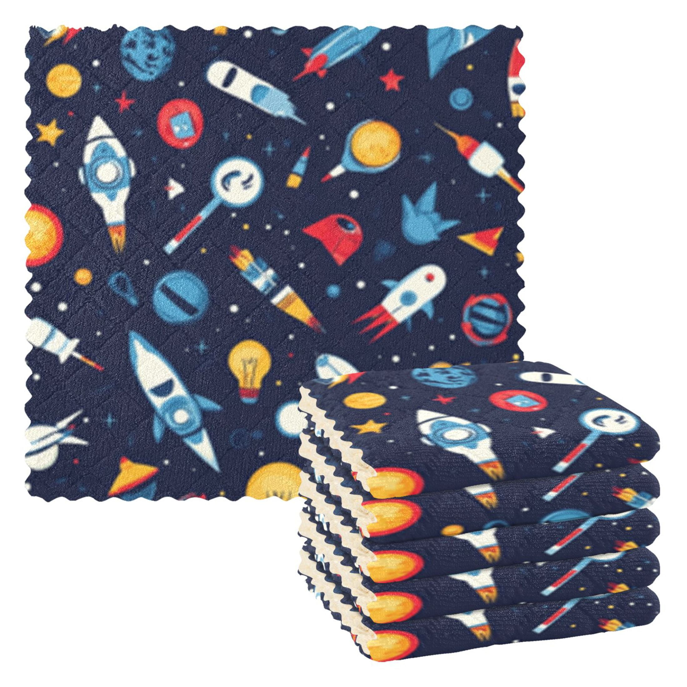 Space Theme Cartoon Planet Rocket Kitchen Cloth Dish Towels for Drying ...